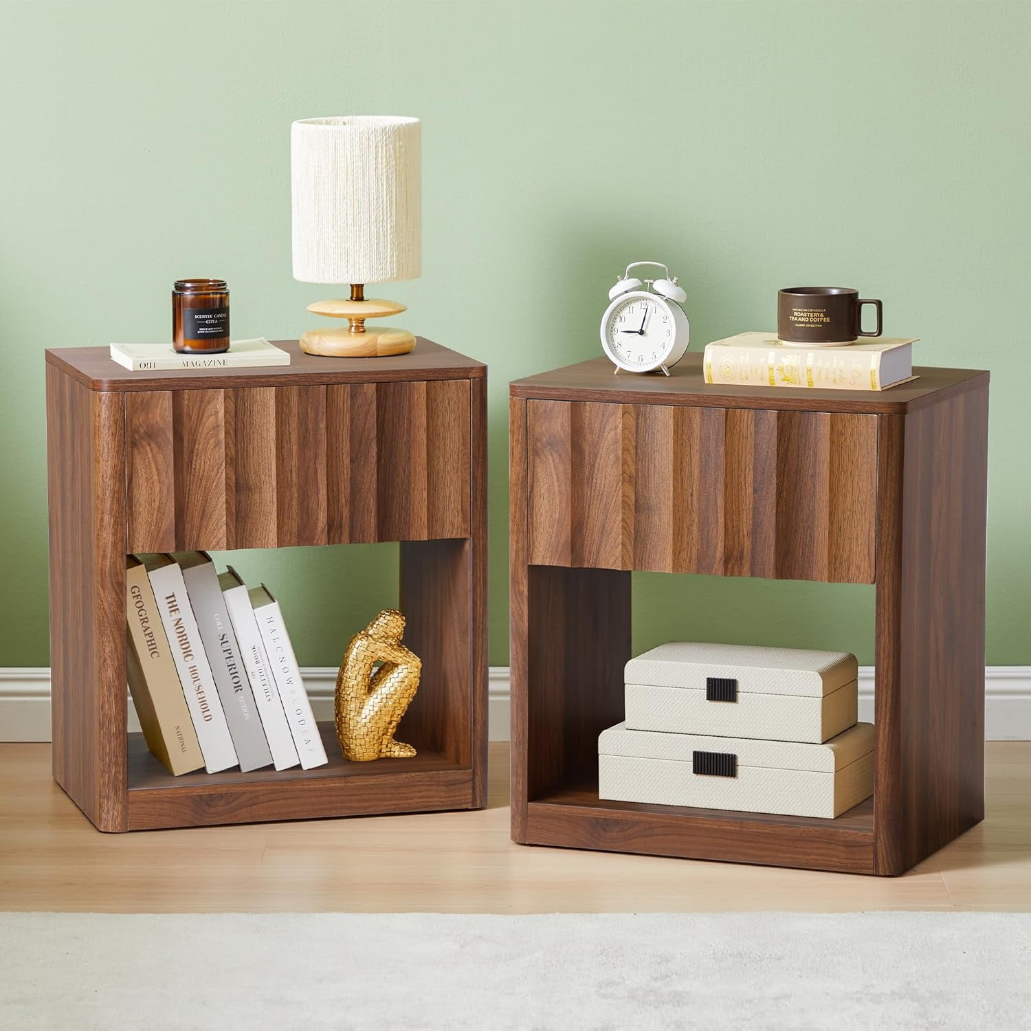 Fluted Dresser, Small Nightstands Set of 2, Walnut Bedside Table with ...
