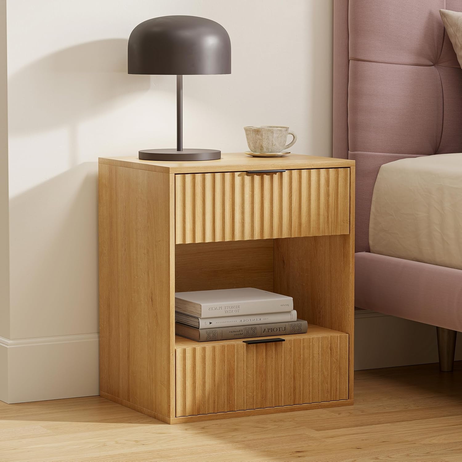 Fluted End Side Table with 2 Drawers, Modern Nightstand with Open Shelf ...