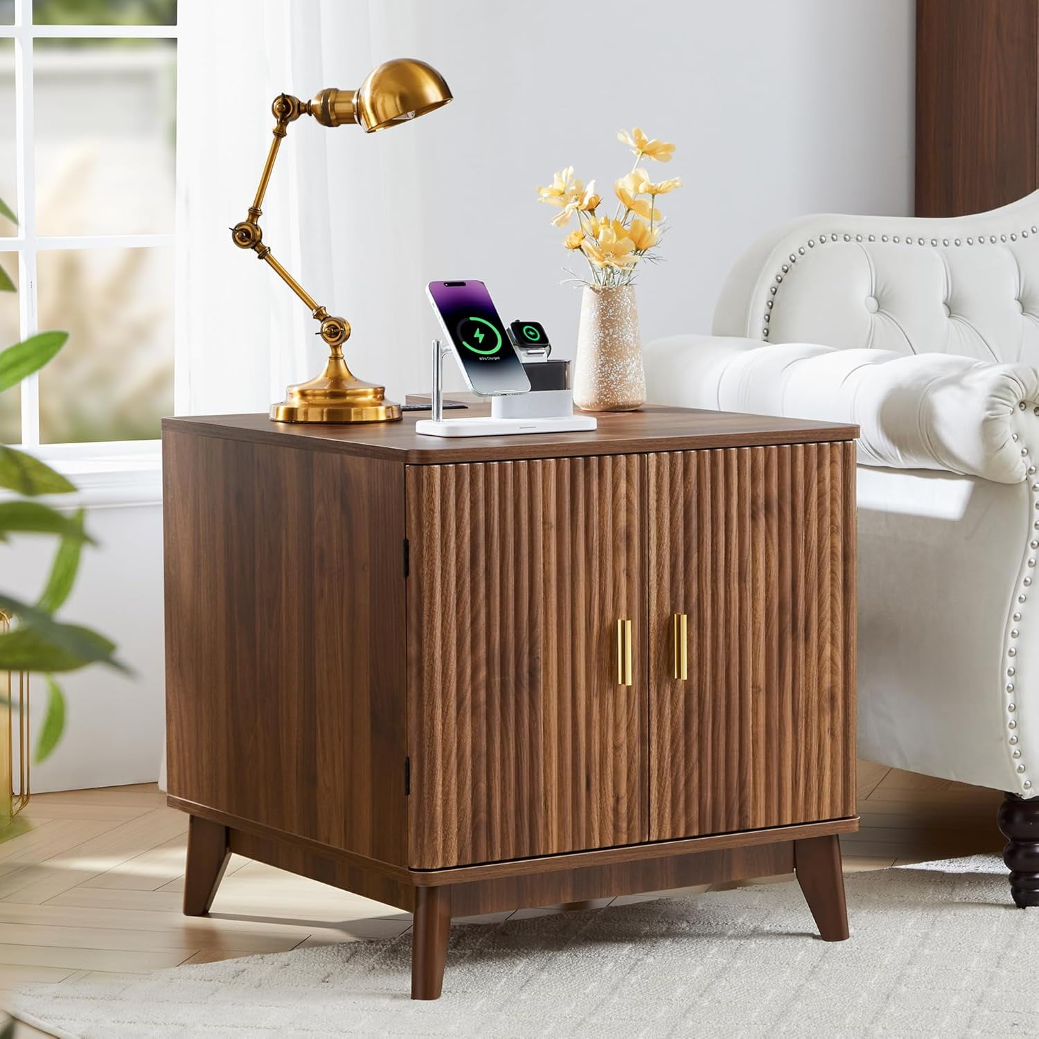 Fluted End Table with Charging Station, 2 Door Side Table with Storage ...