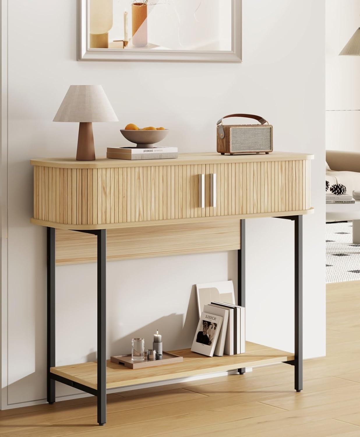 Fluted Entryway Table, 39.4" Narrow Console Table with Storage ...