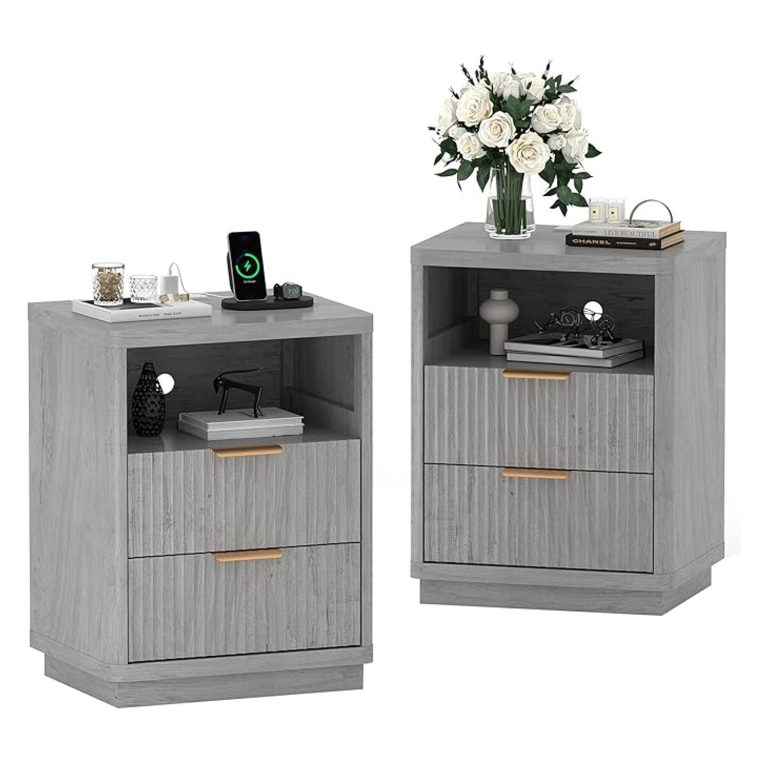 Fluted Farmhouse Night Stand Set of 2, Fluted Nightstand with Charging ...