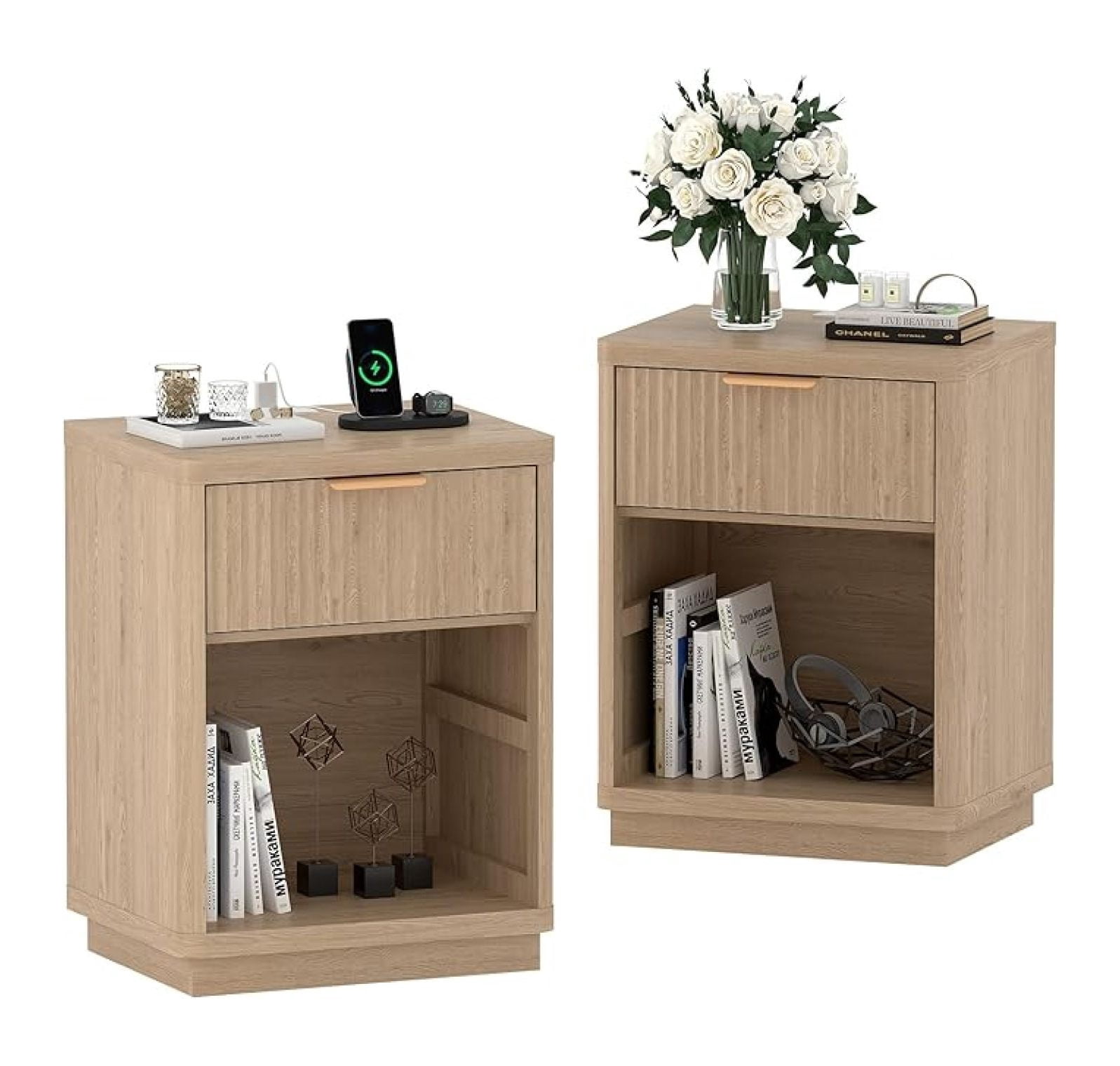 Fluted Farmhouse Night Stand Set of 2, Fluted Nightstand with Charging ...