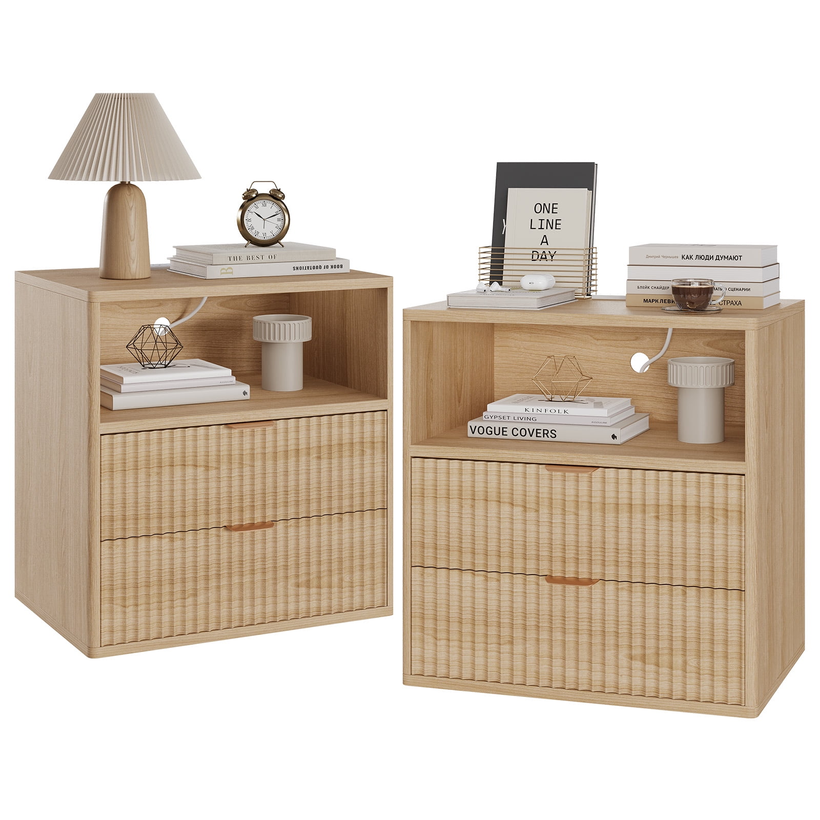 Fluted Farmhouse Night Stand with Charging Station, 23" Mid-Century ...