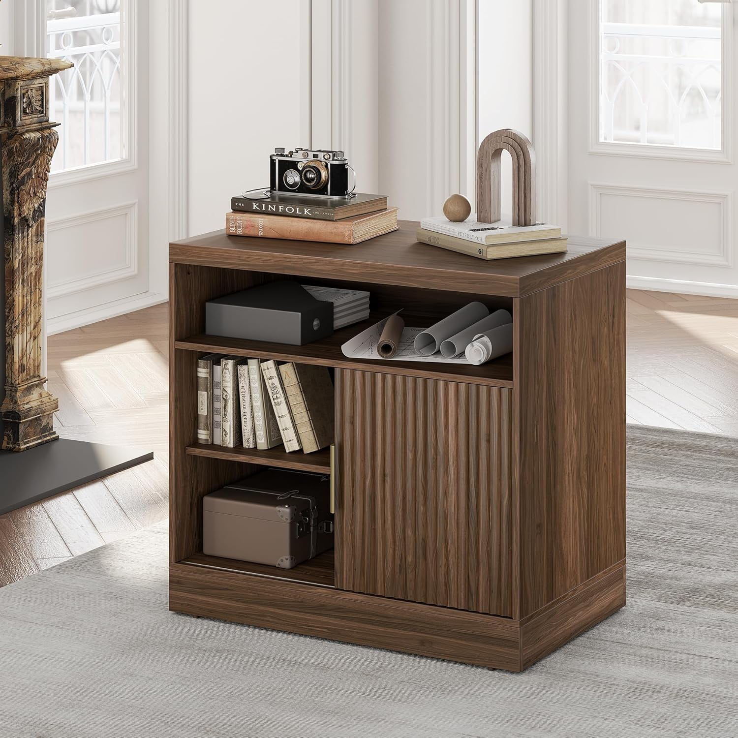 Fluted File Cabinet with Door, 32'' Lateral File Cabinet with Open ...