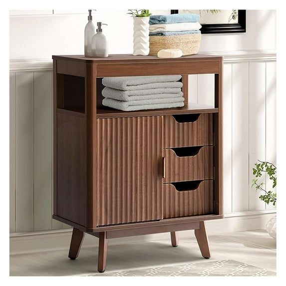 Fluted Floor Bathroom Cabinet with Sliding Door, Modern 3 Drawers ...