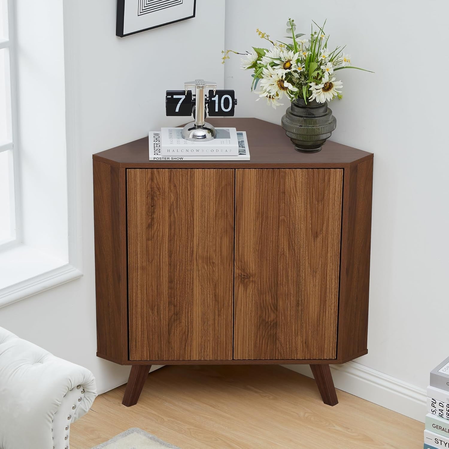 Fluted Floor Corner Cabinet, Small Corner Floor Cabinet with Adjustable ...