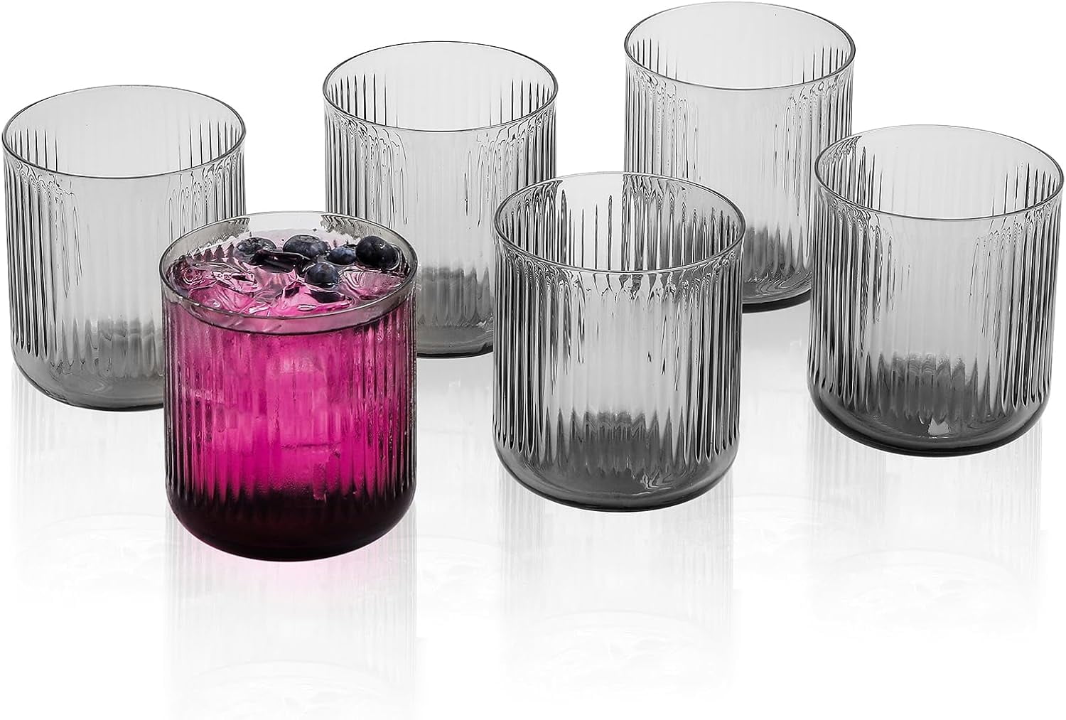 Fluted Glassware Set of 6, 13 Oz Vintage Drinking Glasses Smoke Gray ...