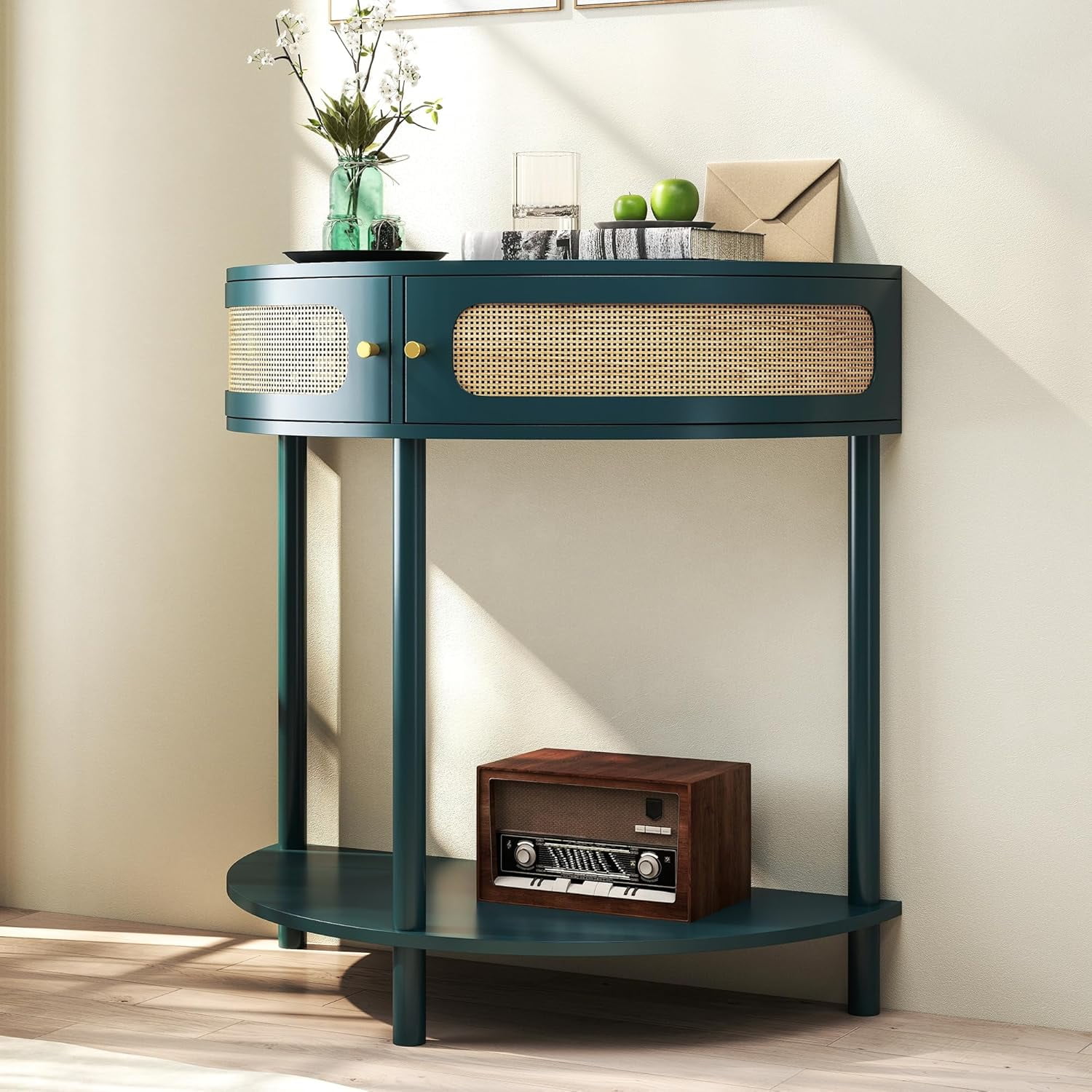 Fluted Half Moon Console Table, Small Side Table with Rattan Storage ...