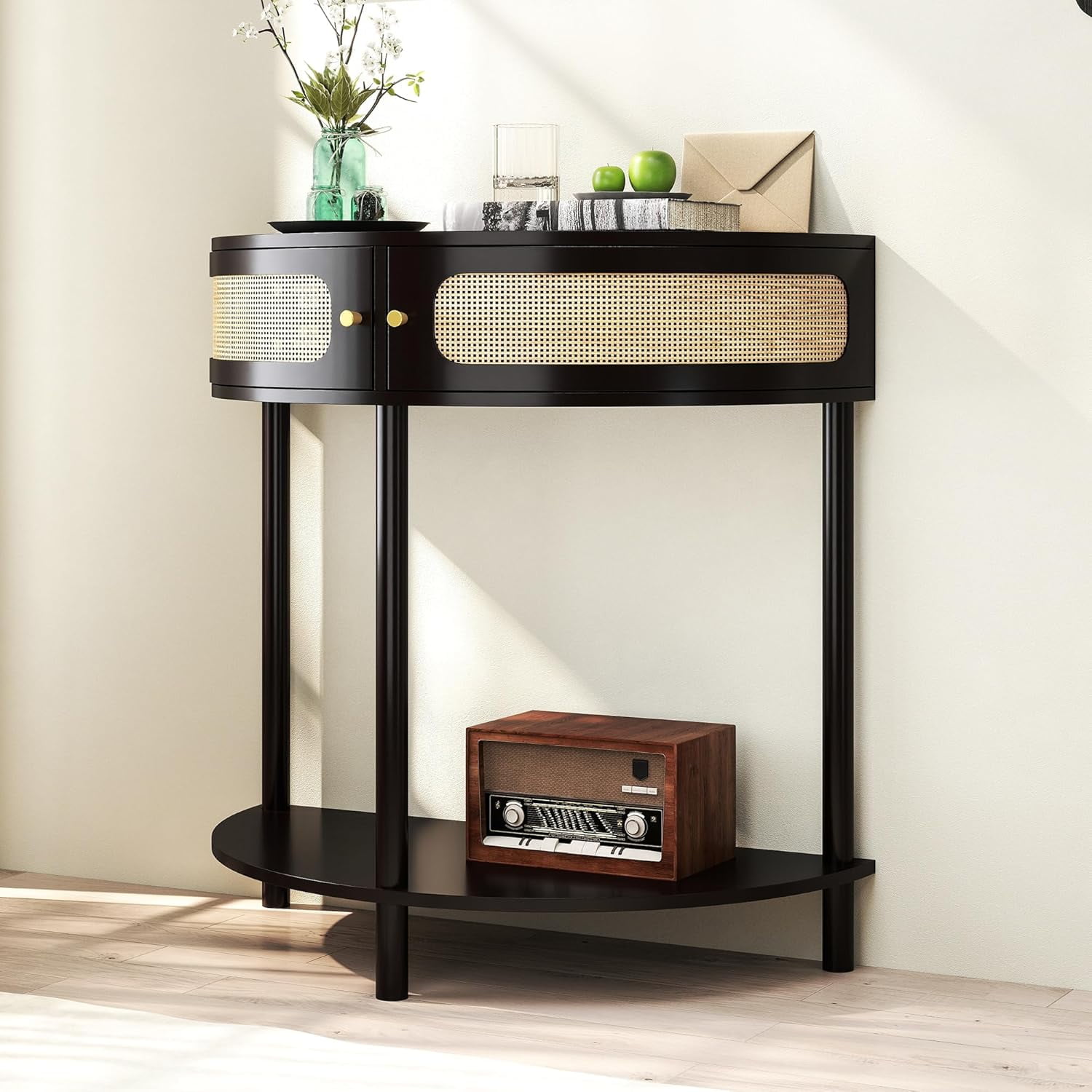 Fluted Half Moon Console Table, Small Side Table with Rattan Storage ...
