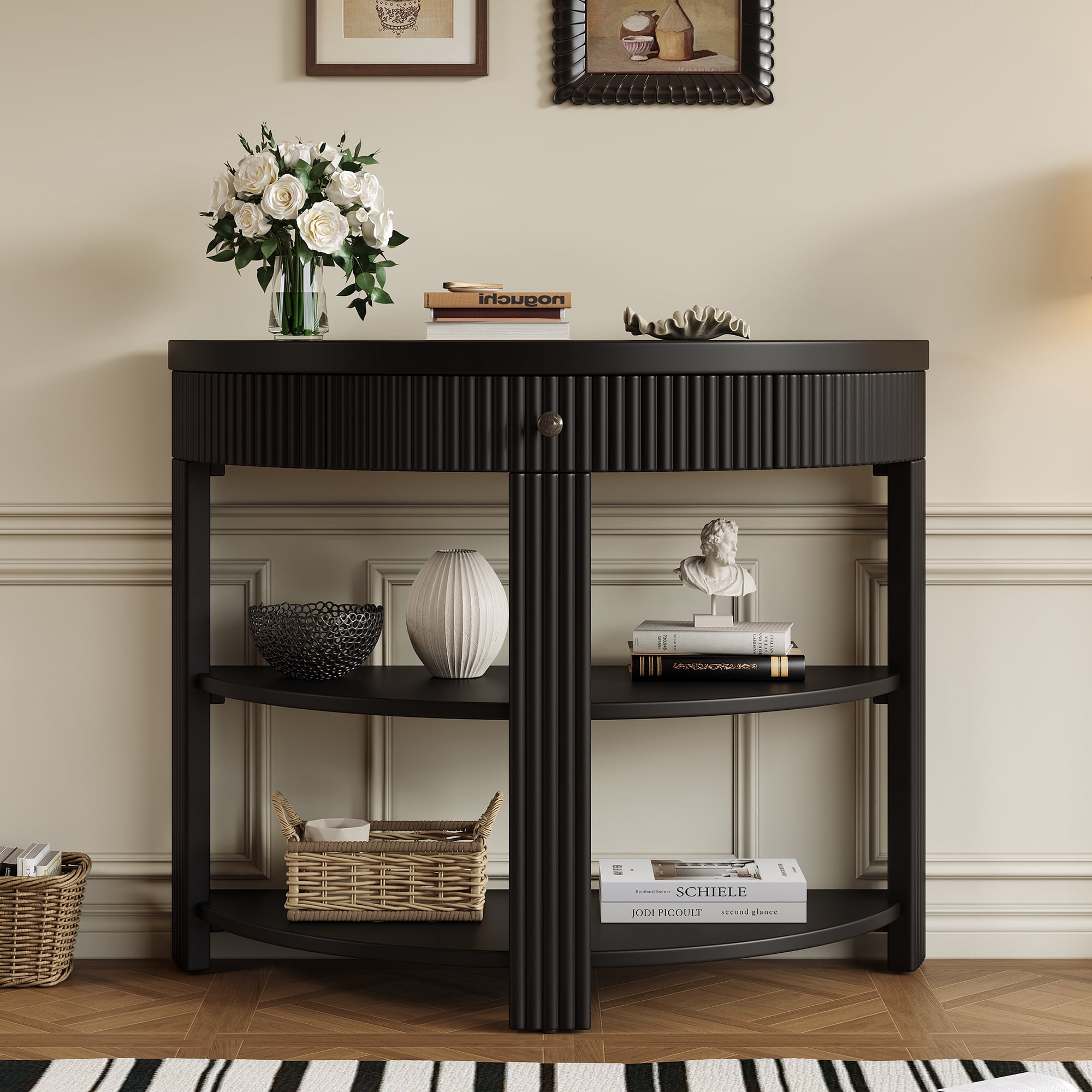 Fluted Half Moon Console Table with Drawer and 2 Shelves, 37 in Wide ...