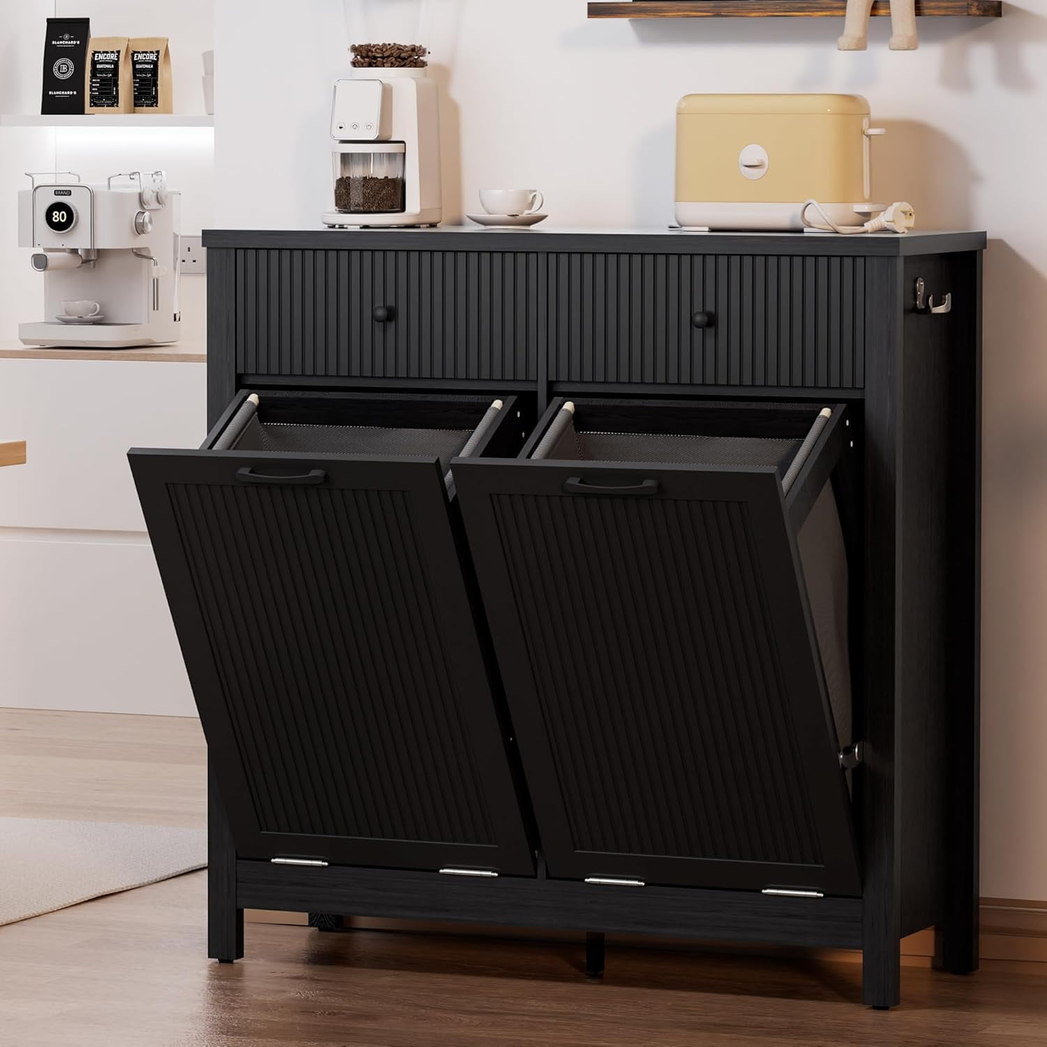 Fluted Hidden Garbage Can Cabinet with 2 Drawers，2x10 Gallon Tilt Out ...