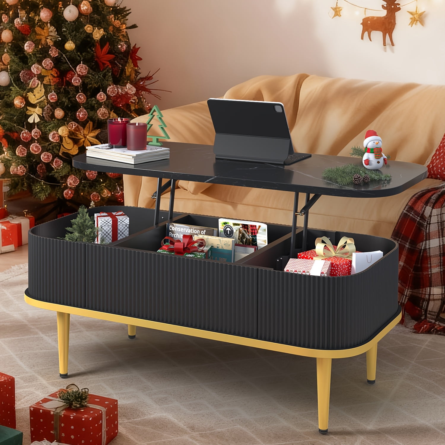 Fluted Lift Top Coffee Table with Hidden Compartment | Fully Assembled ...