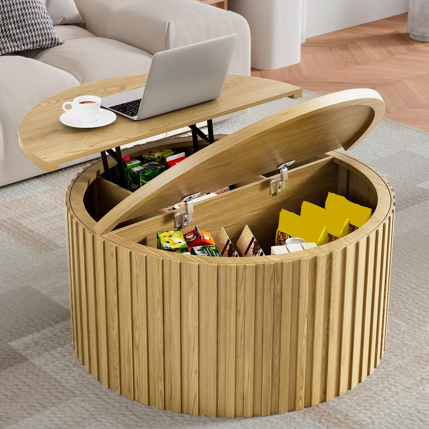 Fluted Lift Top Coffee Table with Storage, 31.5'' Farmhouse Round ...