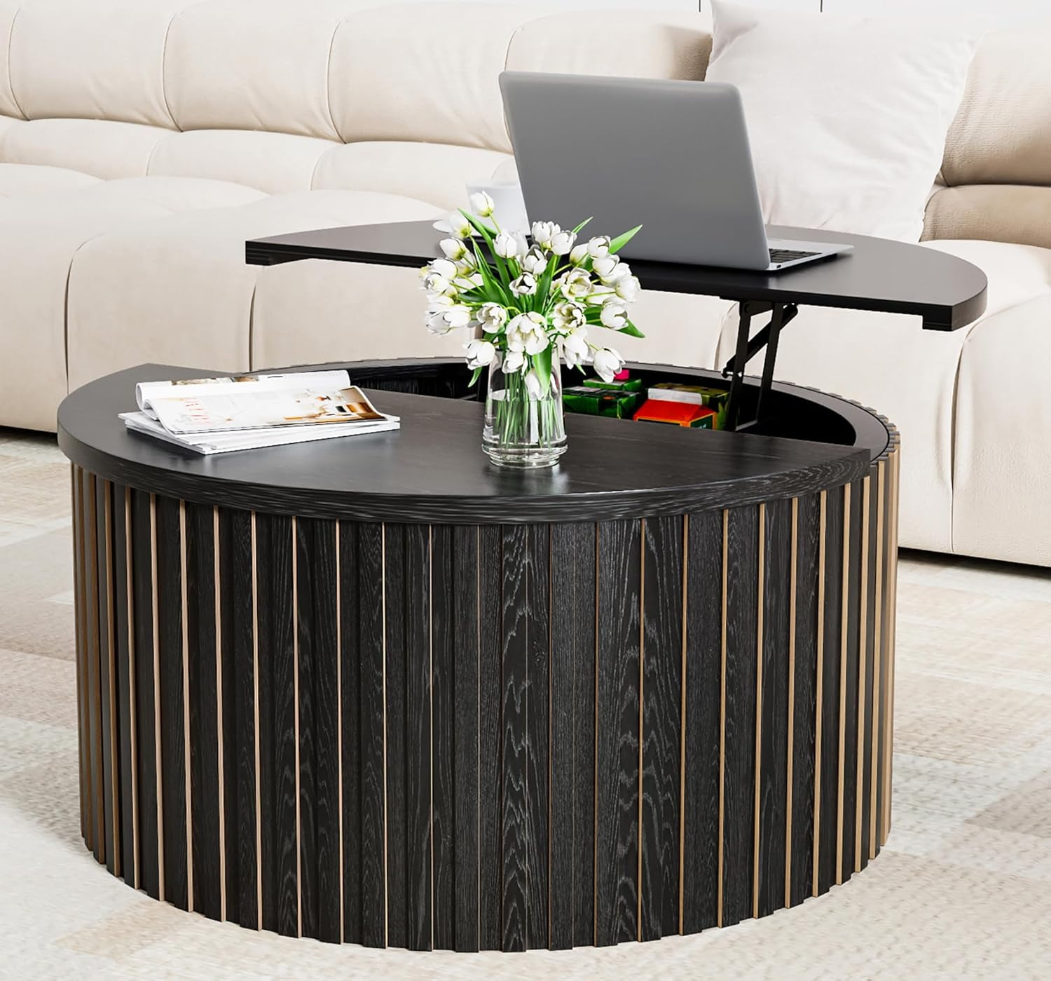 Fluted Lift Top Coffee Table with Storage, 31.5'' Farmhouse Round ...