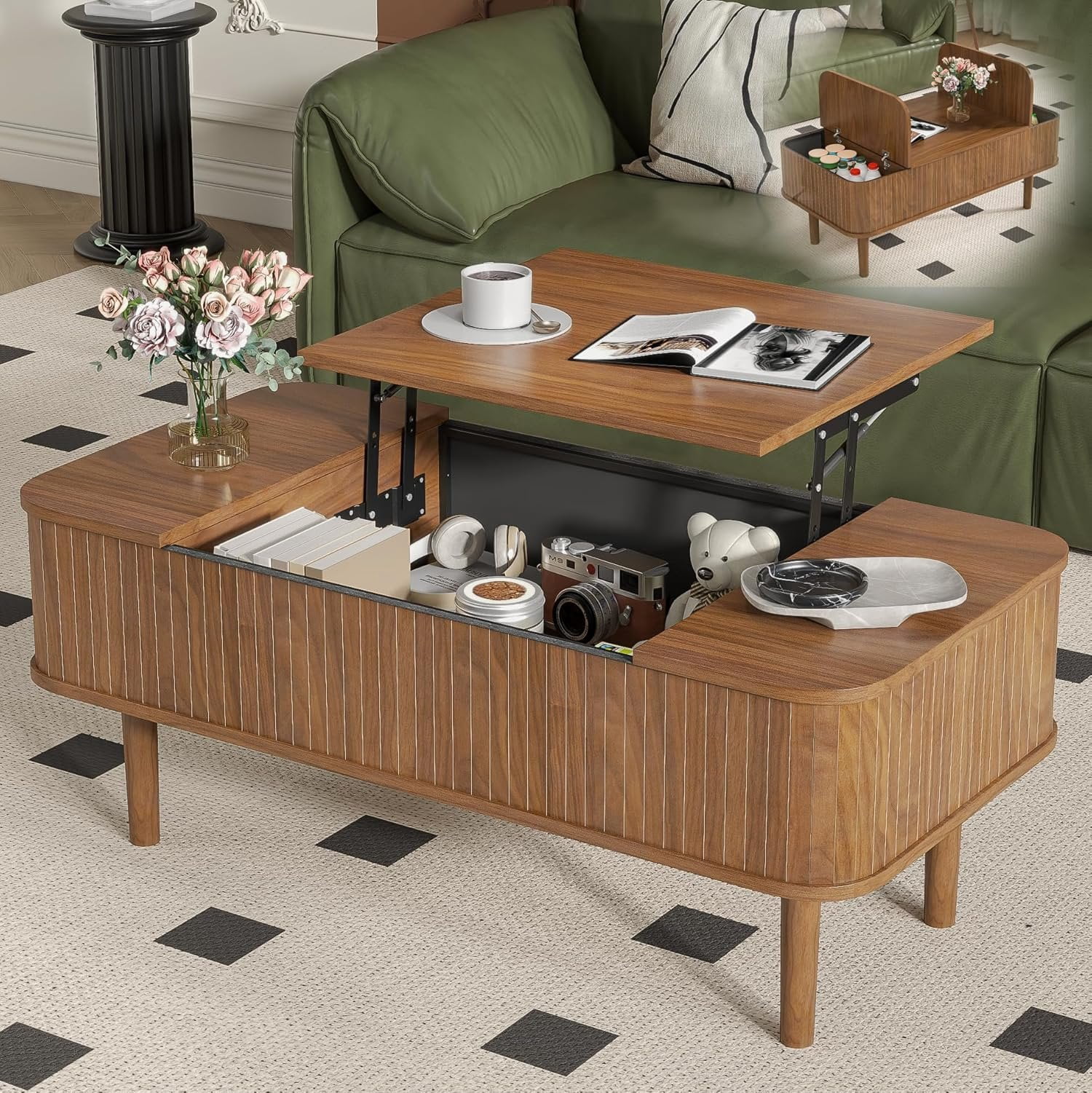 Fluted Lift Top Coffee Table with Storage, Mid Century Modern Coffee ...