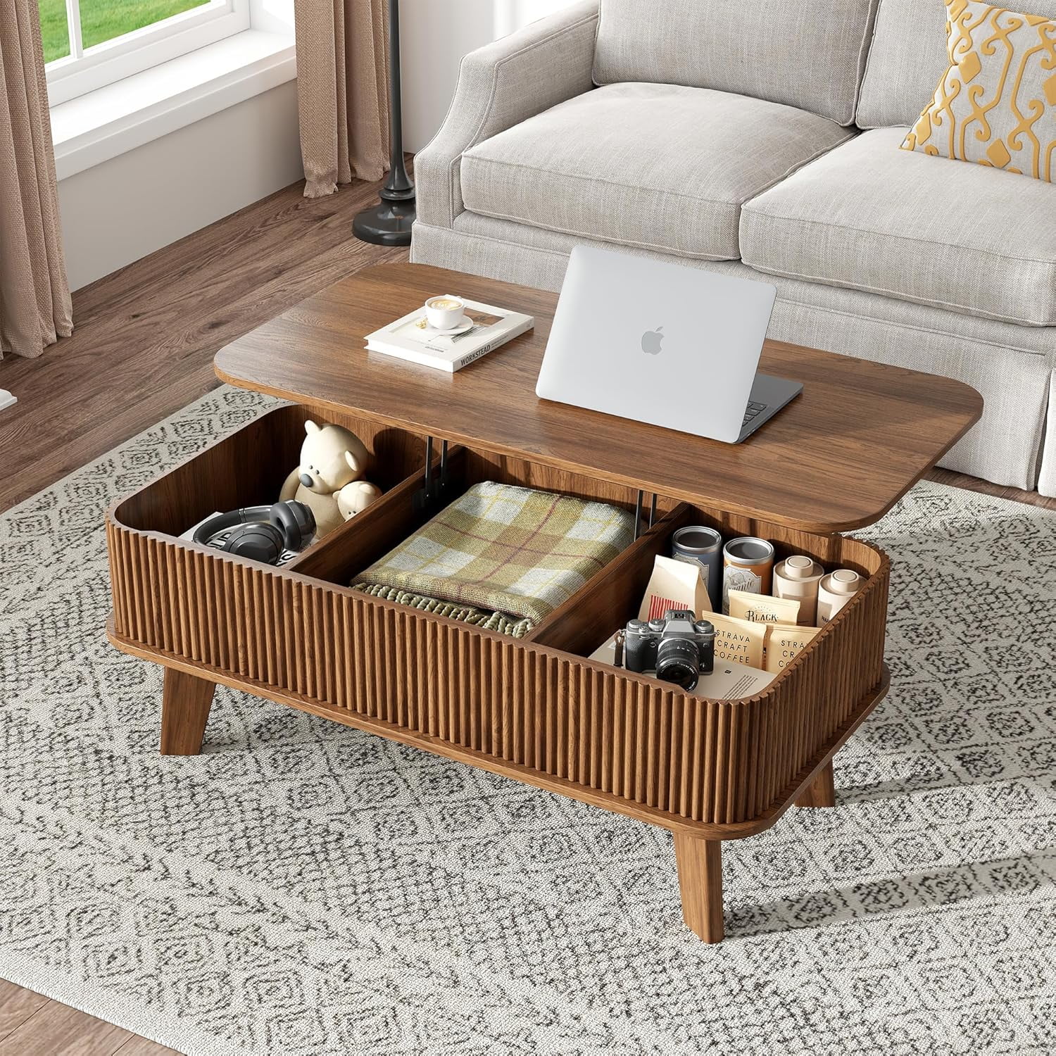 Fluted Lift Top Coffee Table with Storage, Modern Wood Coffee Table ...