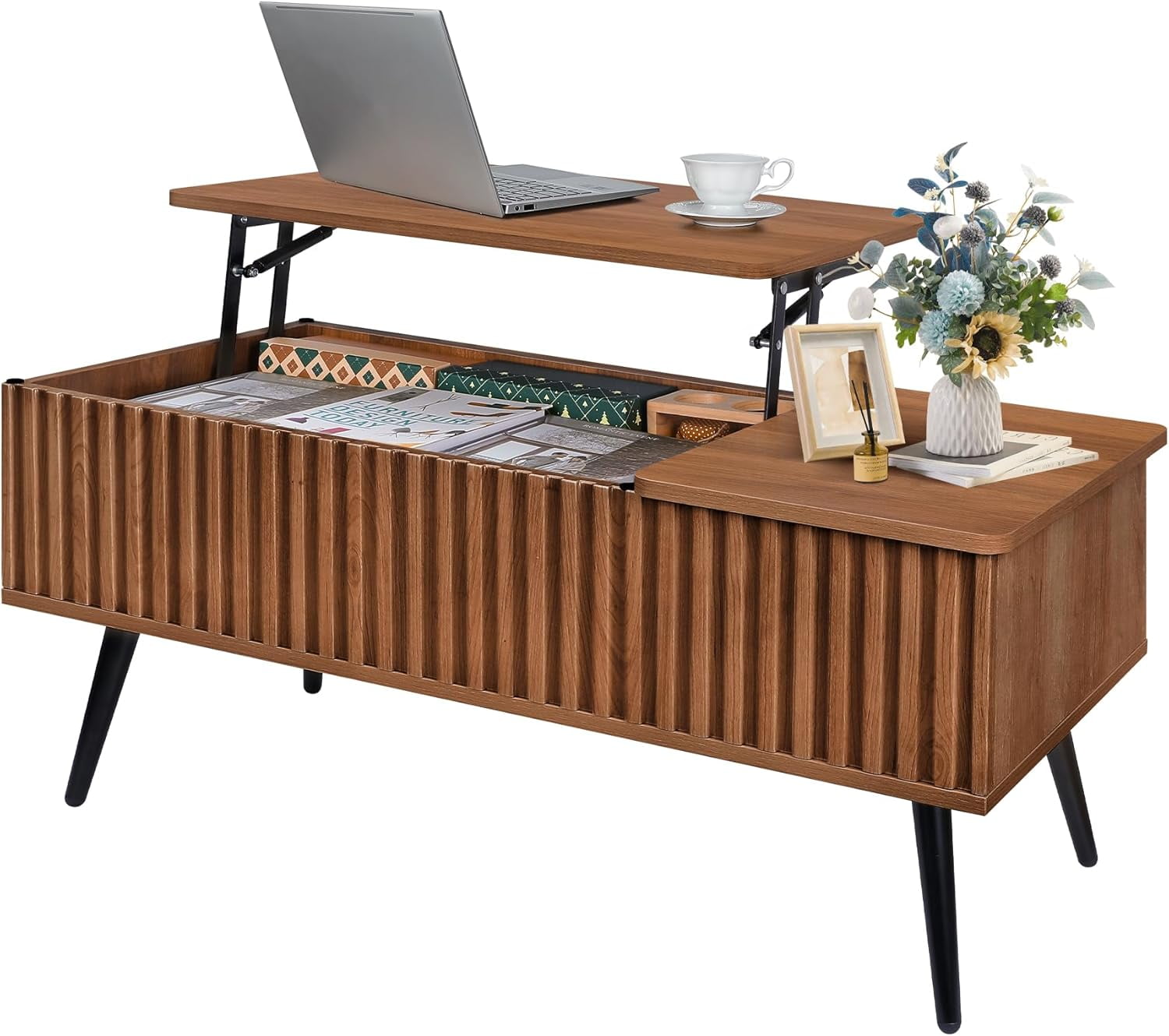 Fluted Lift Top Coffee Table, Wood Rustic Coffee Tables Center Table ...