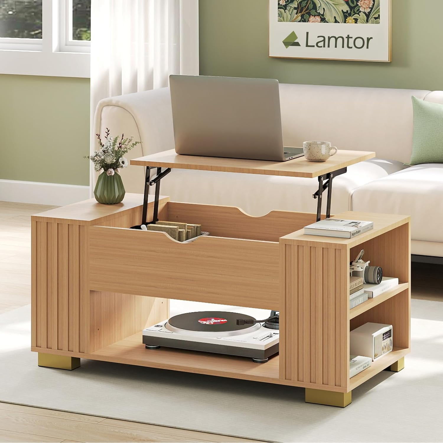 Fluted Lift Top Coffee Table - Wooden Coffee Table with Hidden ...