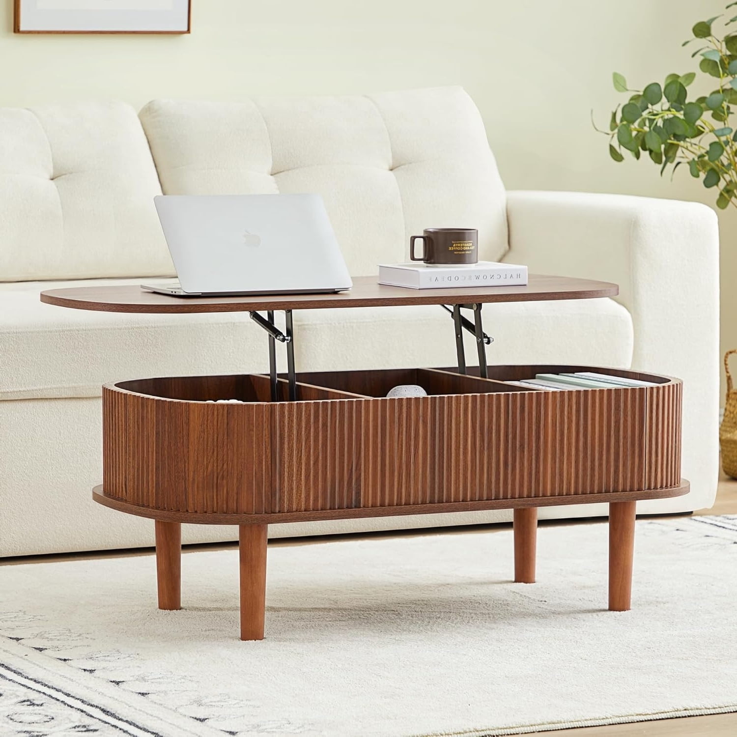 Fluted Lift Top Coffee Table with Hidden Compartment, Fully Assembled ...