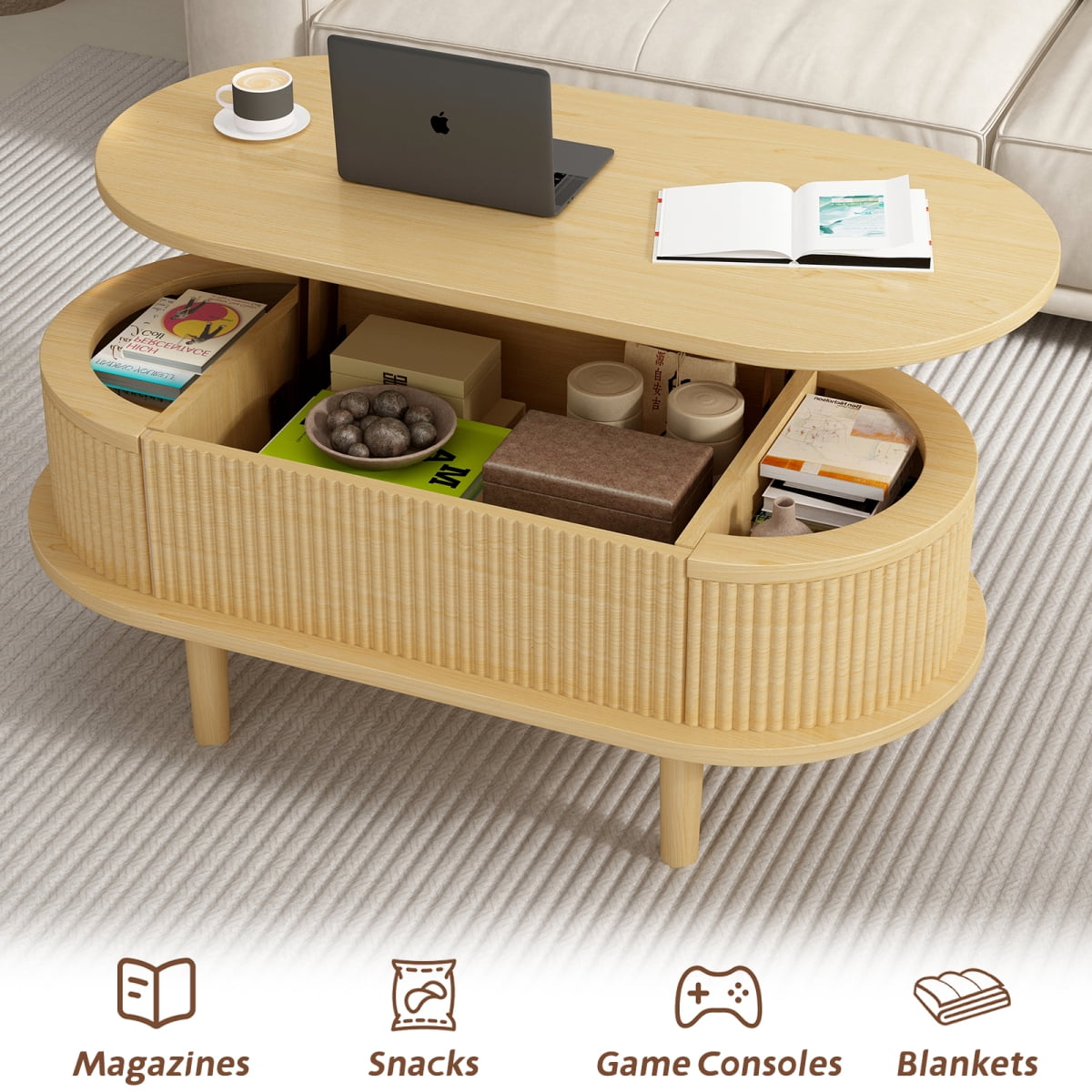 Fluted Lift Top Coffee Table with Hidden Compartment, Wooden Center ...
