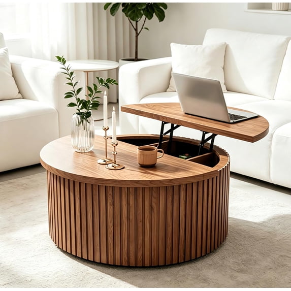 Fluted Lift Top Coffee Table with Storage, 34.6'' Round Coffee Tables ...
