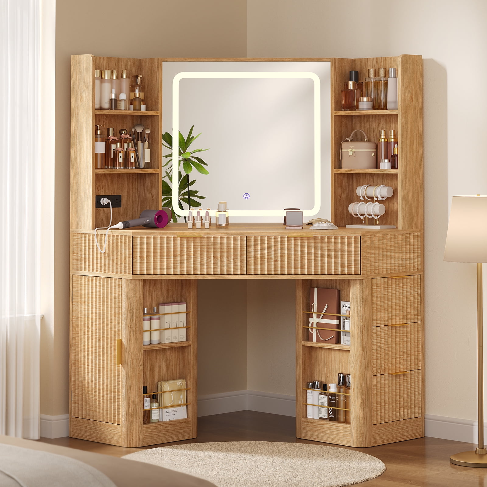 Fluted Makeup Corner Vanity Desk With Large Mirror And Lights, Vanity ...