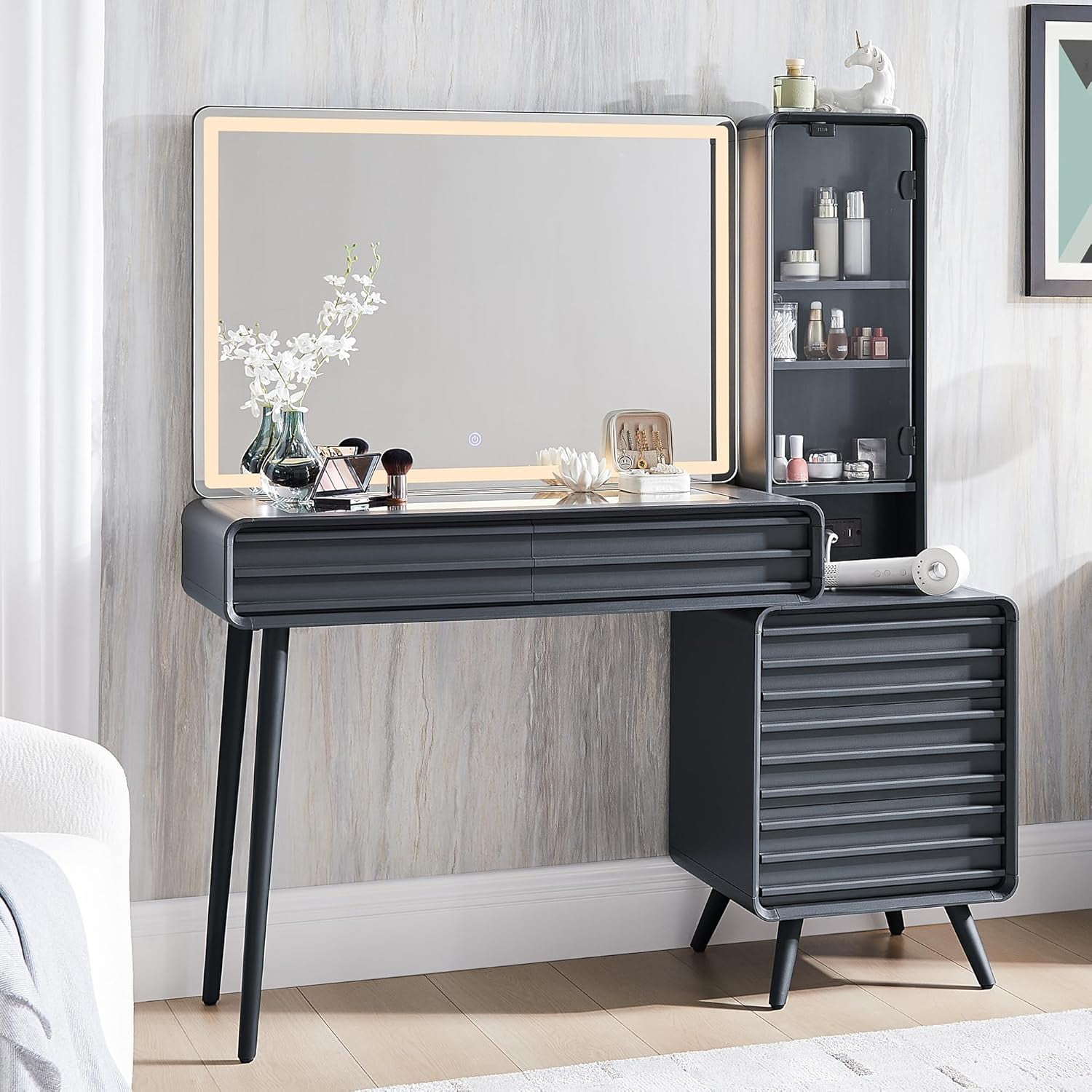 Fluted Makeup Vanity Desk with Large 35" HD Lighted Mirror, 48" Mid ...
