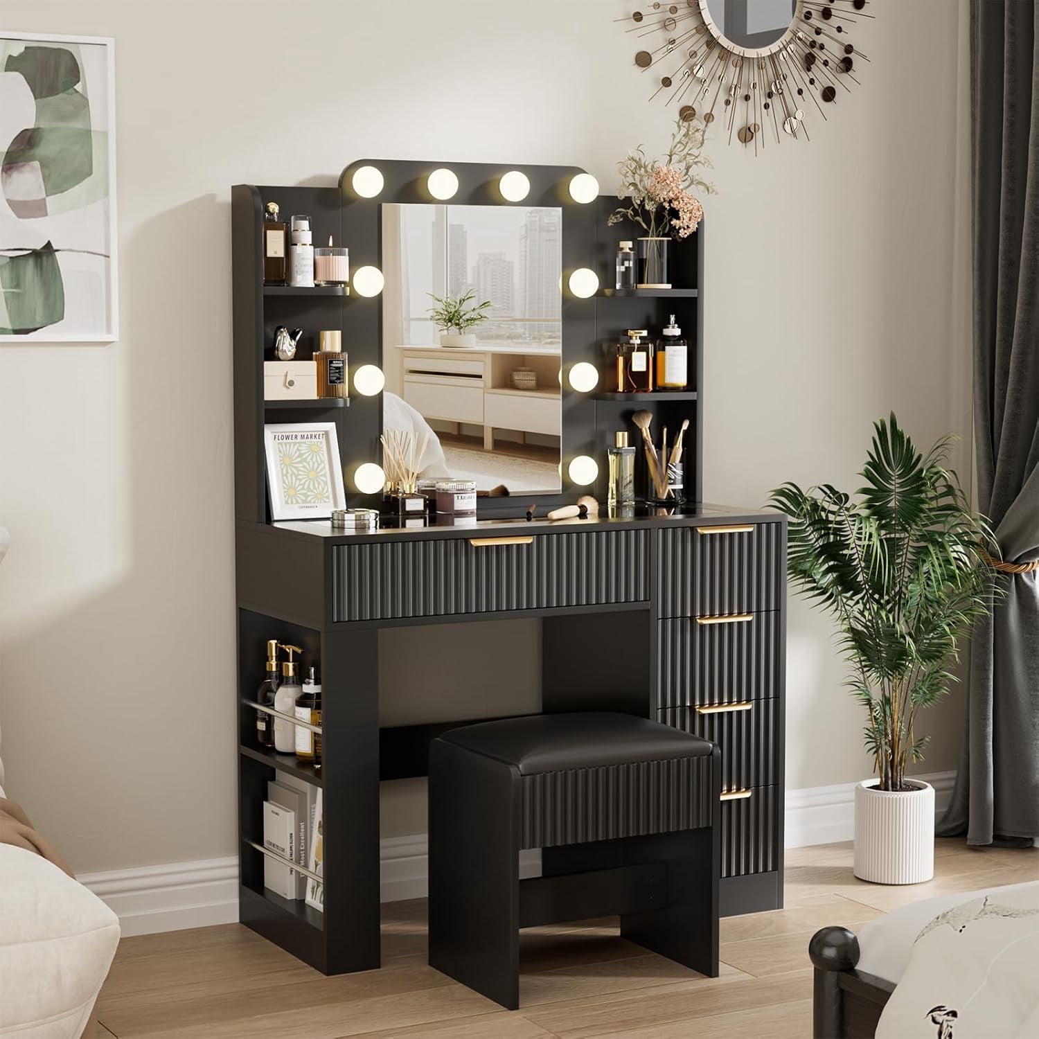 Fluted Makeup Vanity Desk with Large Mirror and Lights, Modern Glass ...