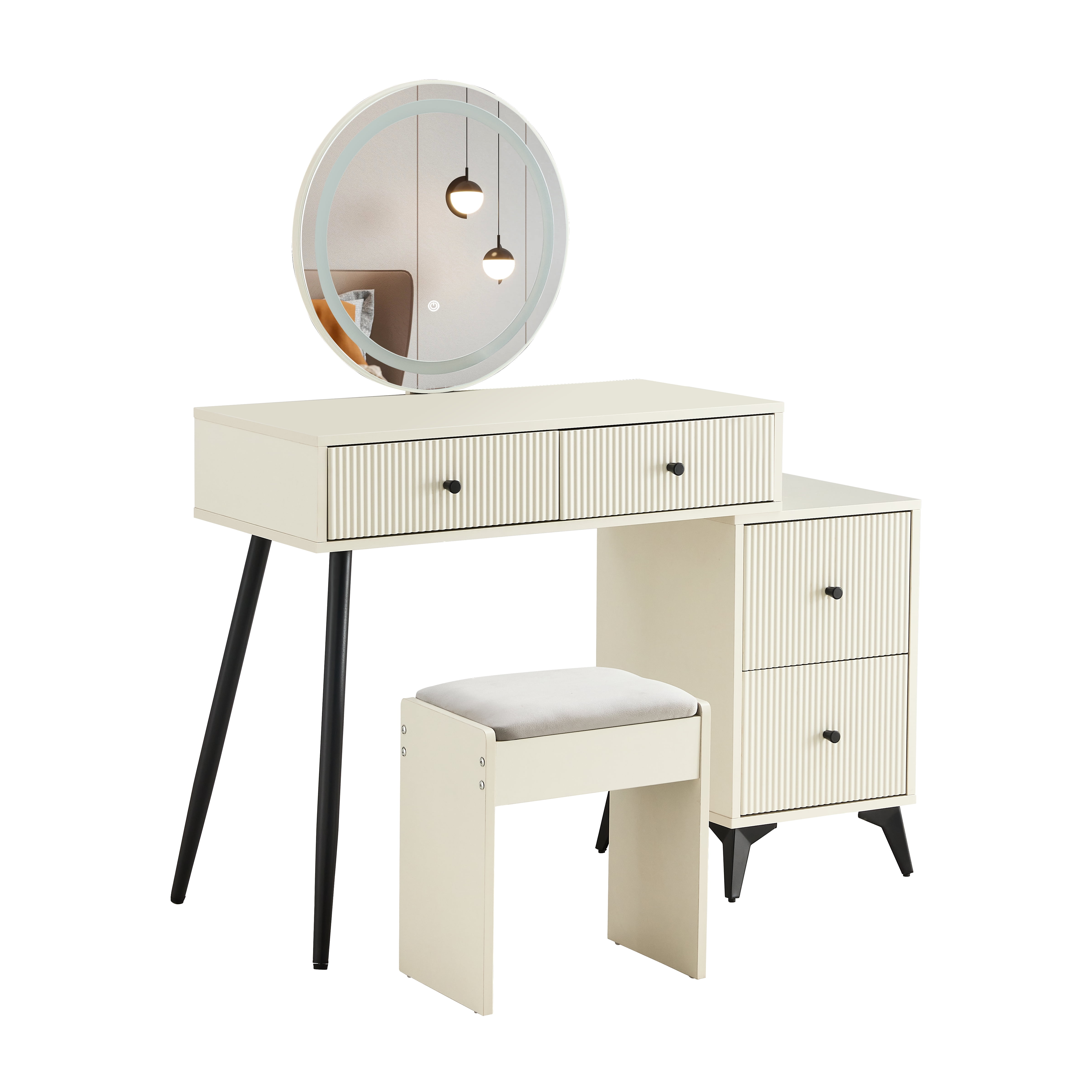 Fluted Makeup Vanity Desk With Round Led Mirror And Lights, Modern ...