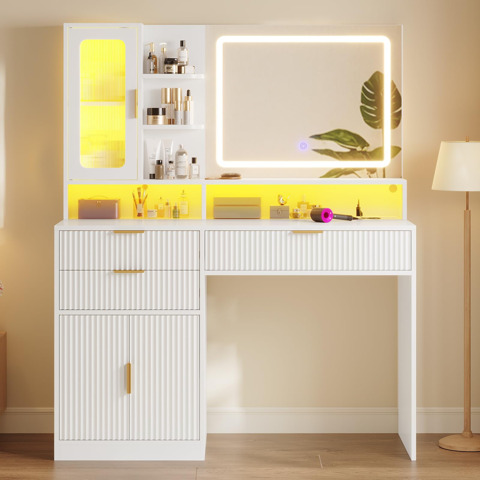 Fluted Makeup Vanity Desk with Touch Screen Mirror and Lights, Wood ...