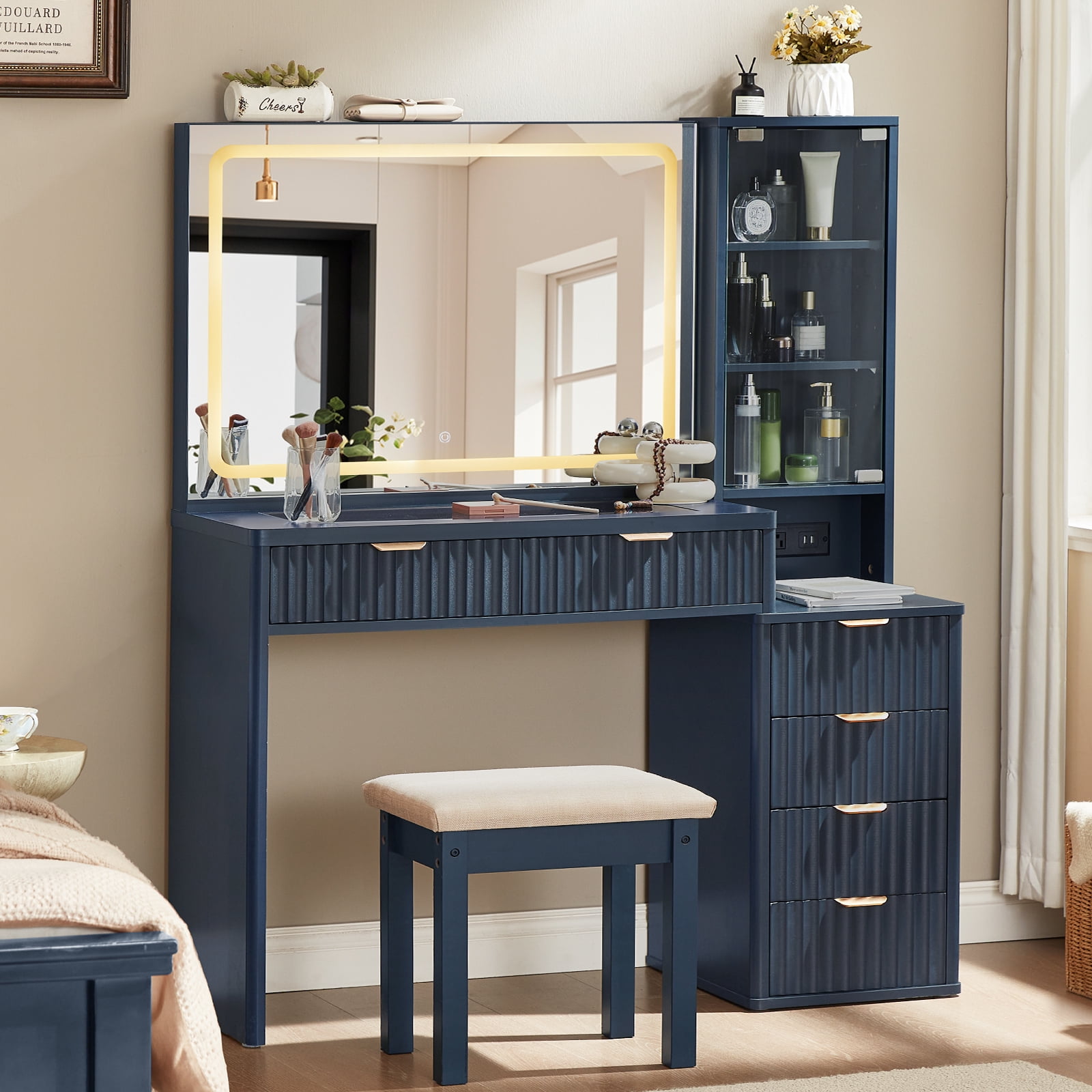 Fluted Makeup Vanity Desk w/ Mirror and Lights, 43.5'' Blue Vanity ...