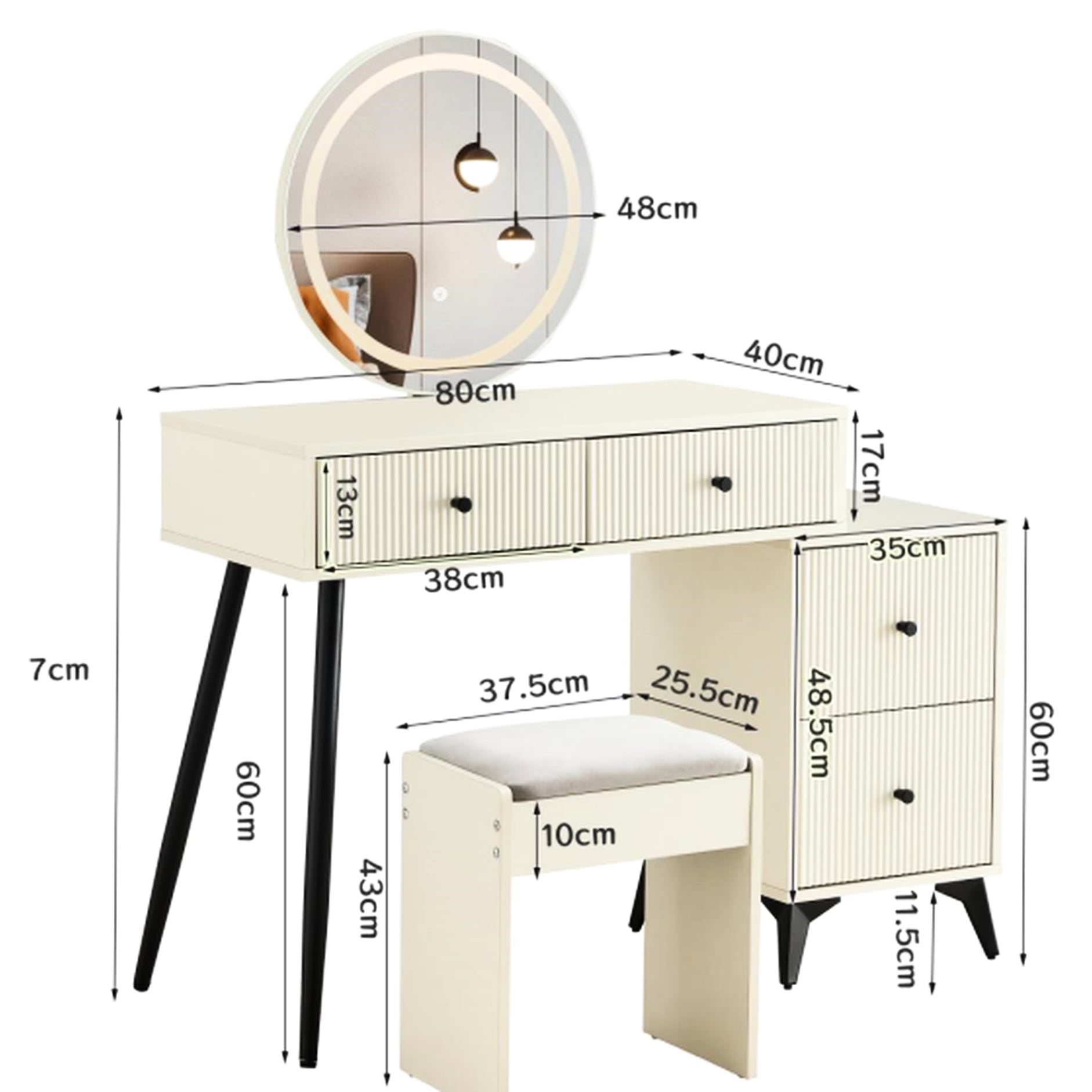 Fluted Makeup Vanity Table With Milk White Finish, Led Mirror, 4 ...