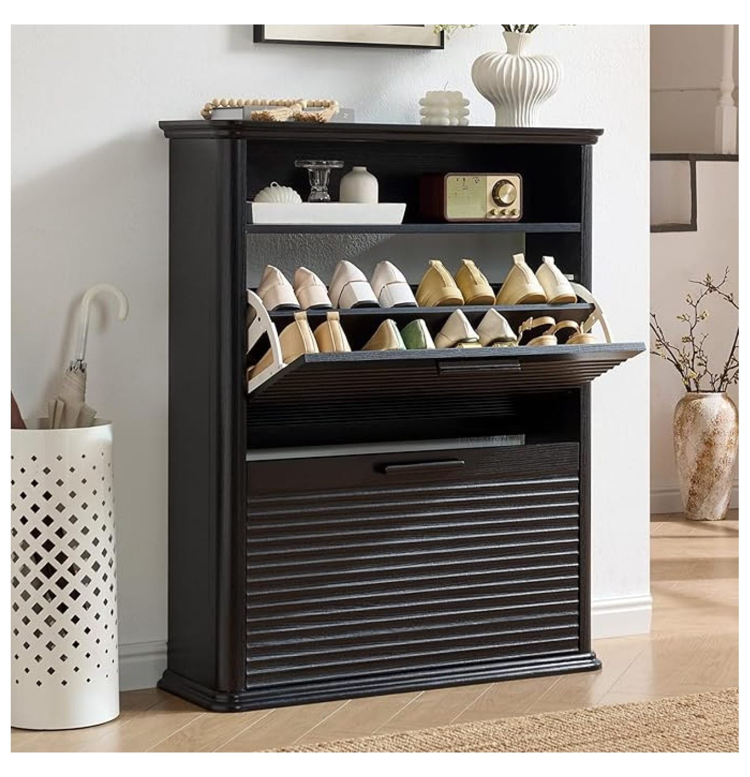 Fluted Narrow Shoe Cabinet with 2 Drawers, Shoe Storage Cabinet with ...