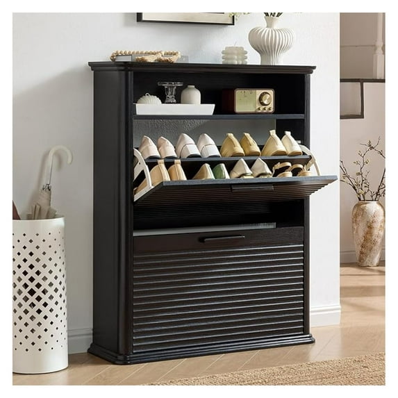 Fluted Narrow Shoe Cabinet with 2 Drawers, Shoe Storage Cabinet with ...