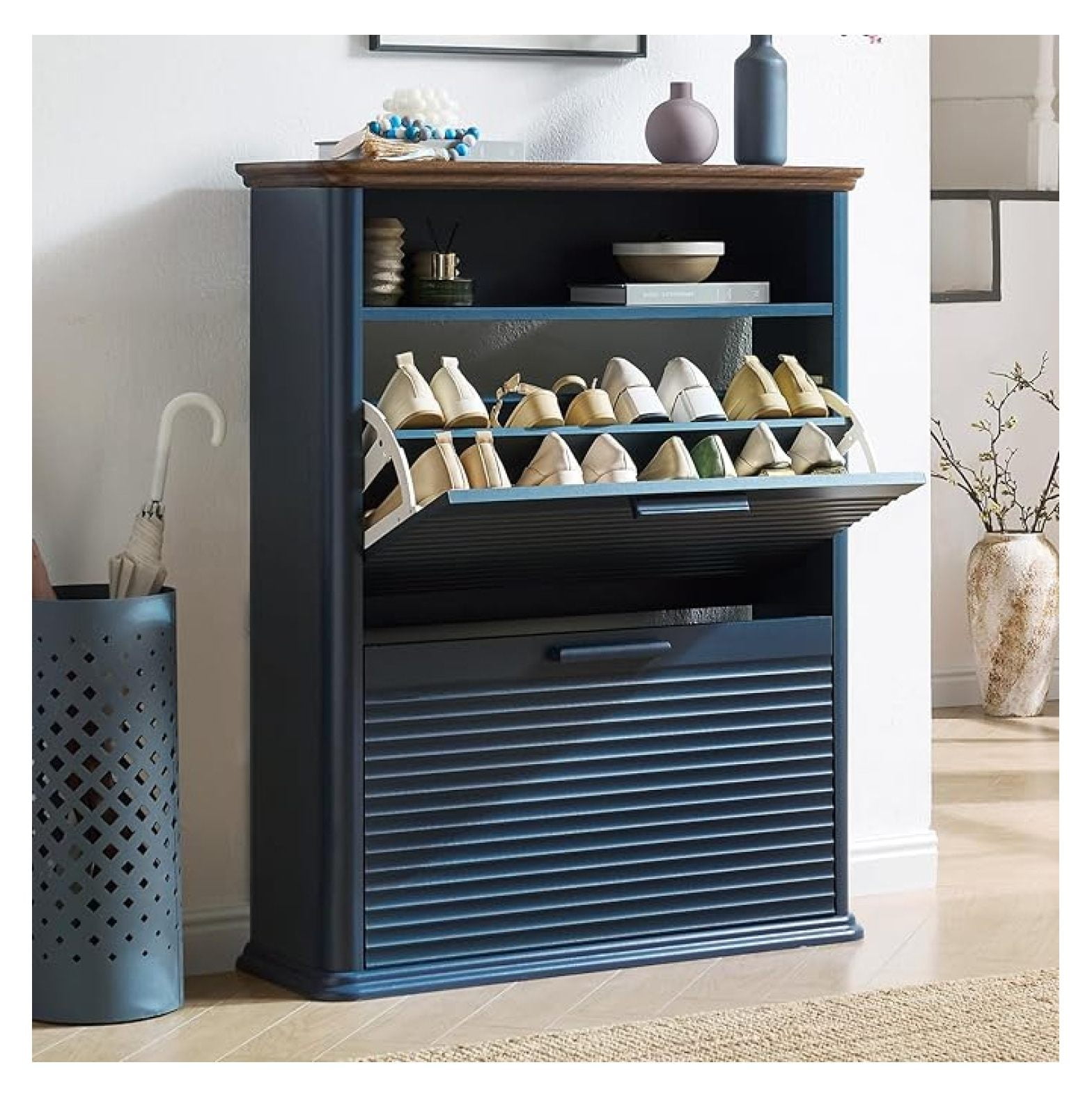 Fluted Narrow Shoe Cabinet with 2 Drawers, Shoe Storage Cabinet with ...