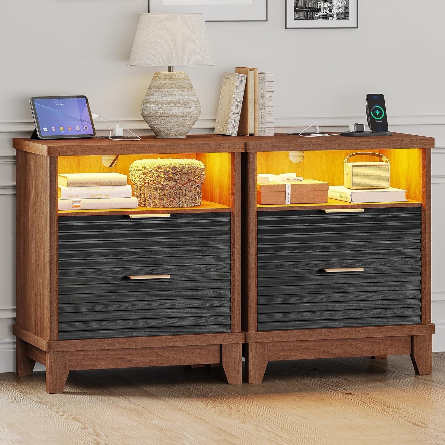 Fluted Night Stand Set of 2 with Charging Station, Wood Bedside Table ...