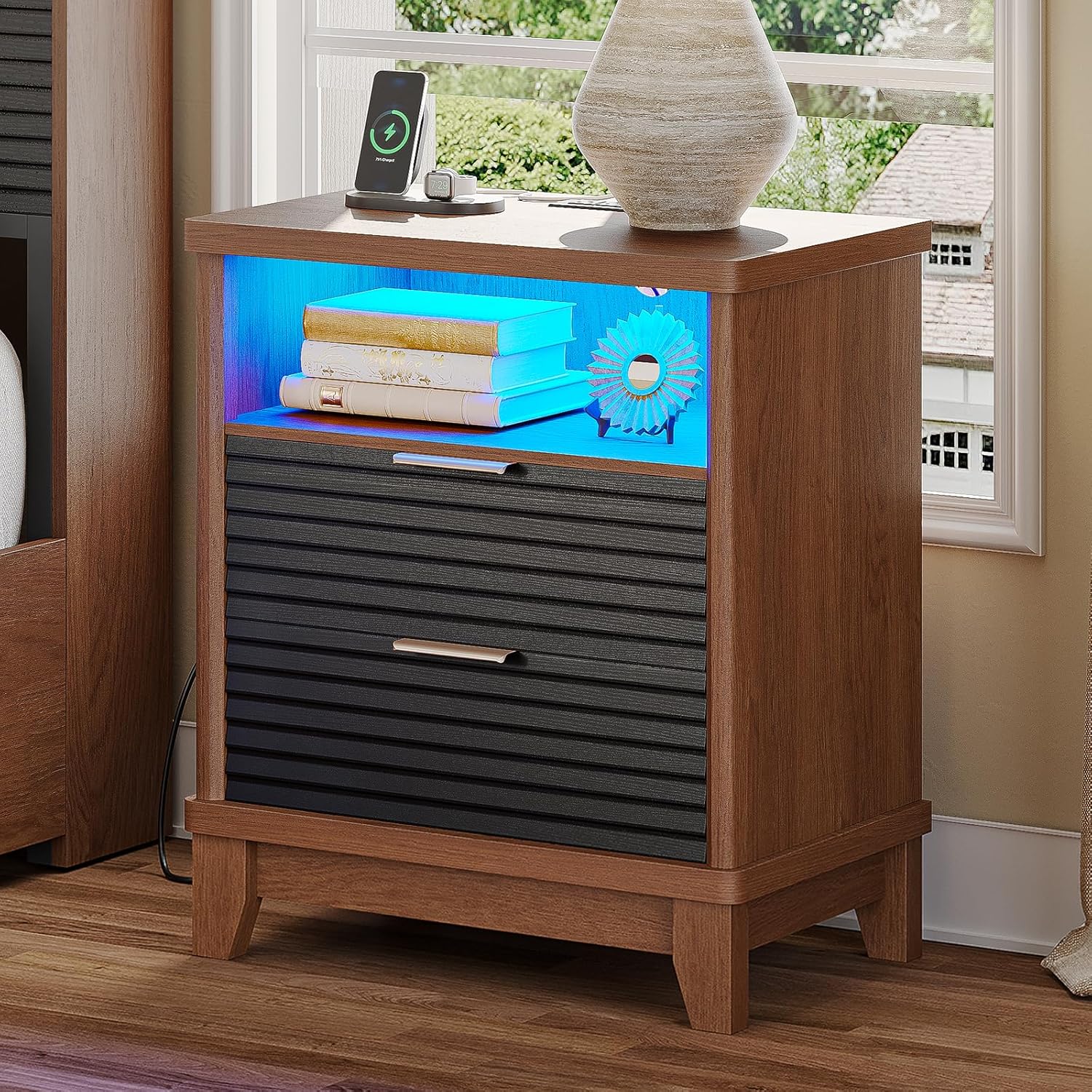 Night Stand with Charging Station and 2 Drawers, Black Fluted ...