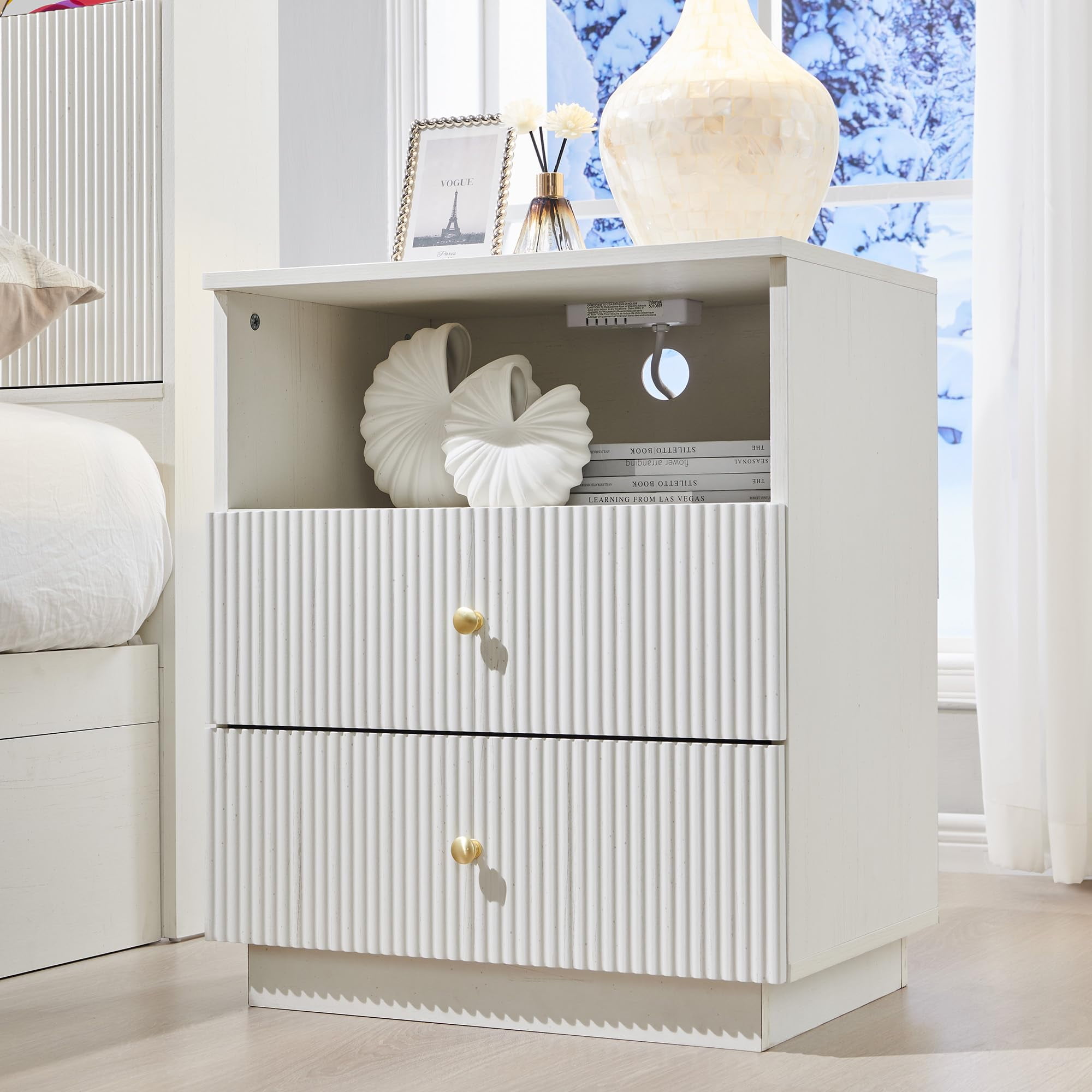 Fluted Night Stand with Charging Station, 21.65" White Nightstand with Drawer/Open Shelves, 2 ...