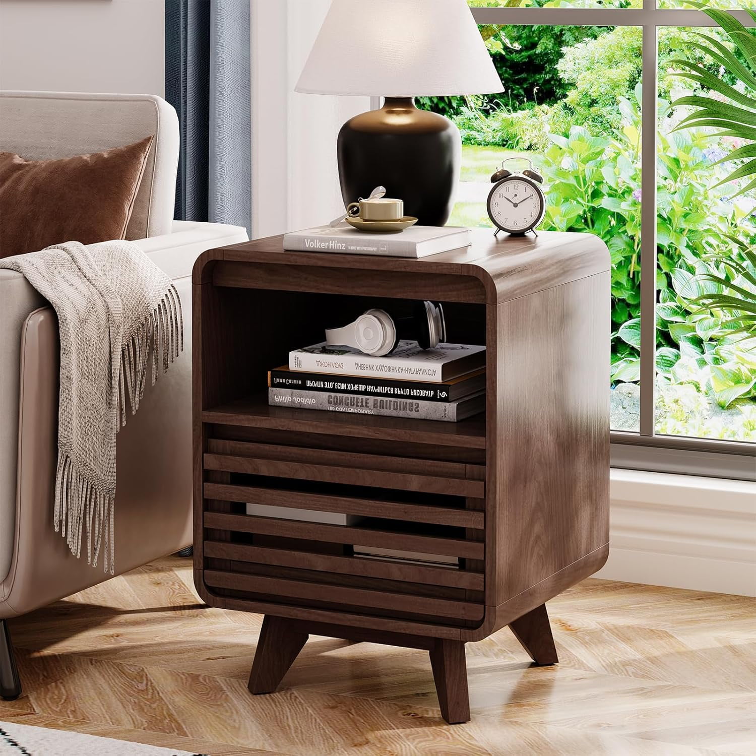 Fluted Night Stand Nightstand with Drawer Storage Grille Bed Side Table ...