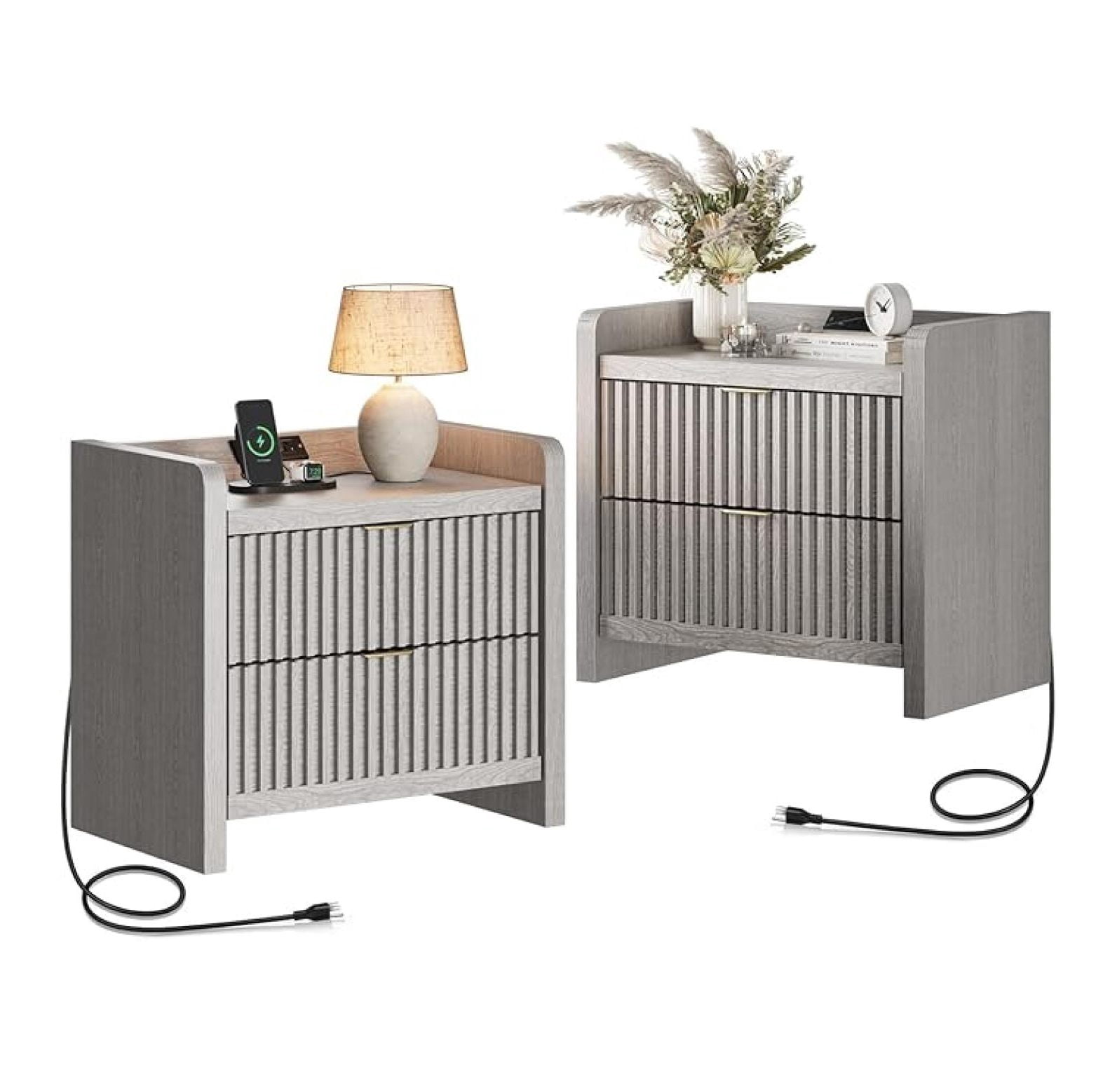 Fluted Night Stand Set of 2 with Charging Station, 23" Wide 2 Drawers ...