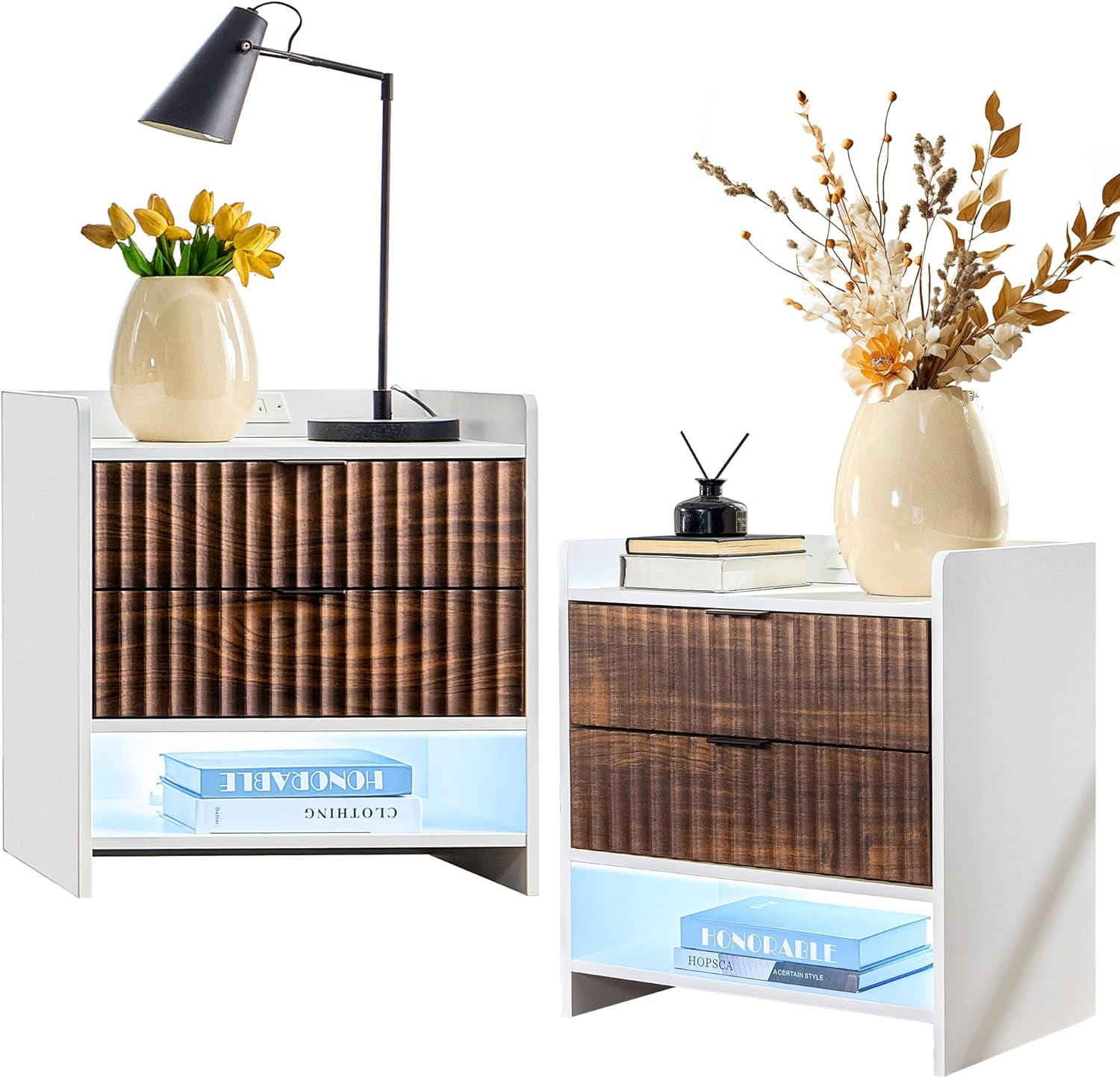 Fluted Night Stand Set 2 with Charging Station, Farmhouse Nightstand ...