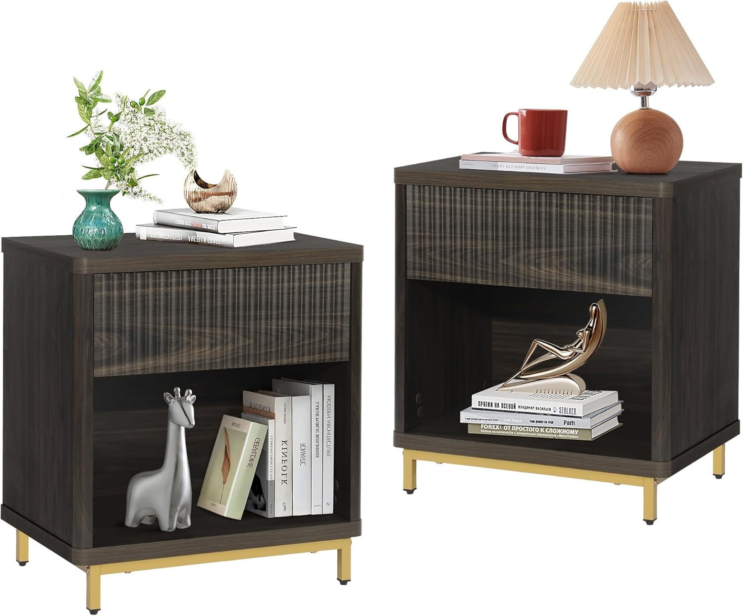 Fluted Night Stand Set of 2 Nightstands with Drawer Storage, Farmhouse Bed Side Table End Table ...