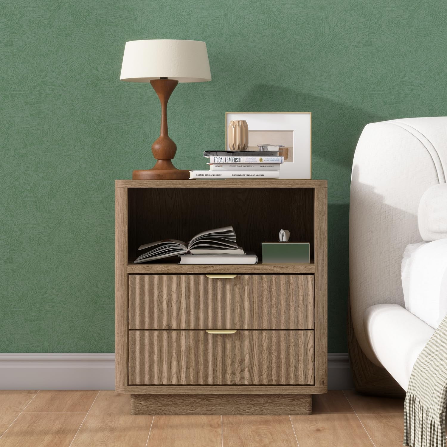 Fluted Night Stand Set of 2, Large Wooden Nightstands with Drawers and ...