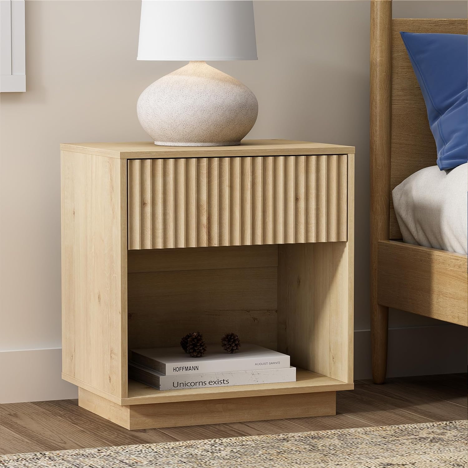 Fluted Night Stand with Drawer, Mid Century 22" Wide Bedside Table with Open Shelf, Large Wooden ...