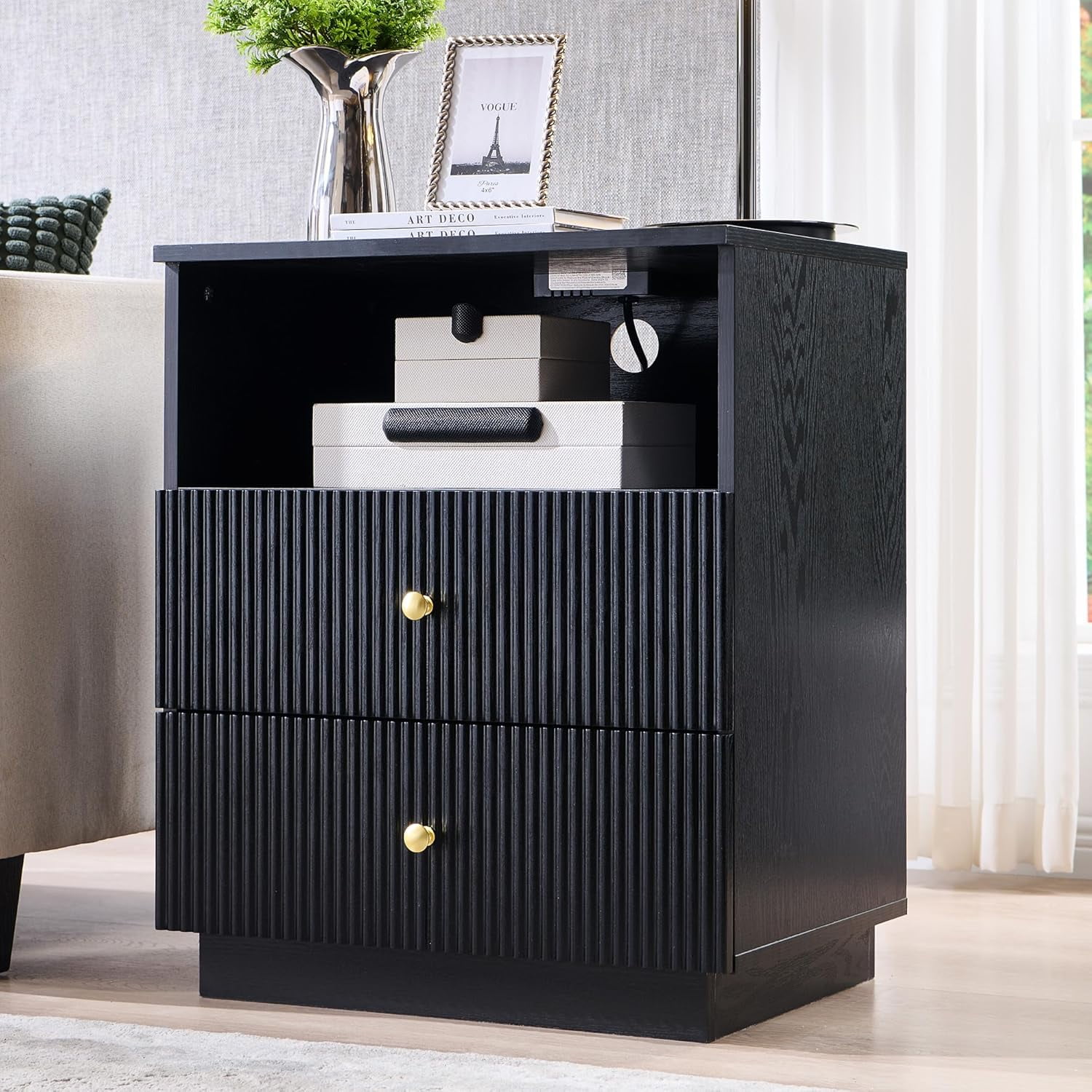 Fluted NightStand with Charging Station, 21.65" Black Nightstand with ...