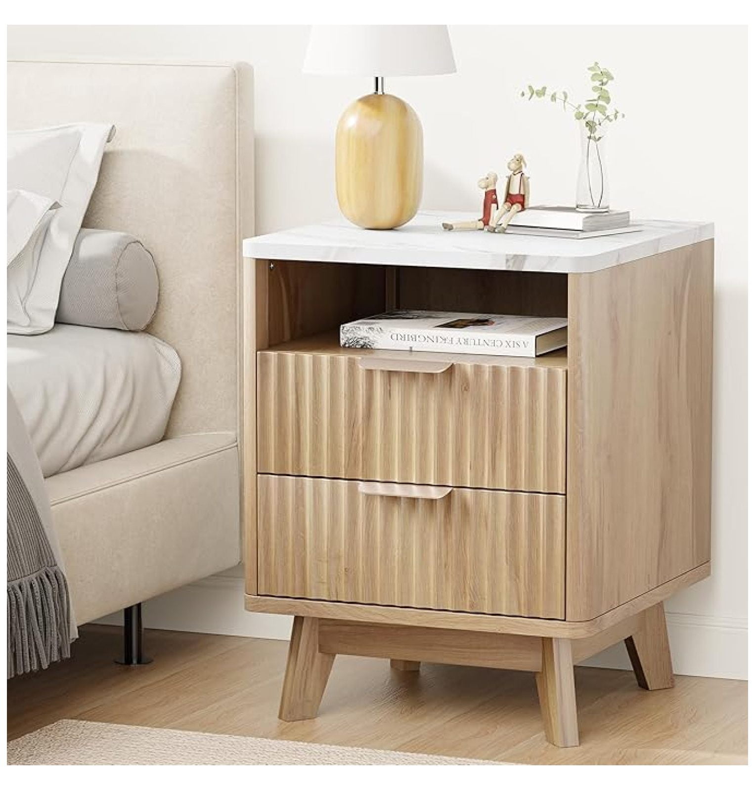 Fluted Nightstand with 2 Drawers, 18" Modern Night Stand with Faux ...