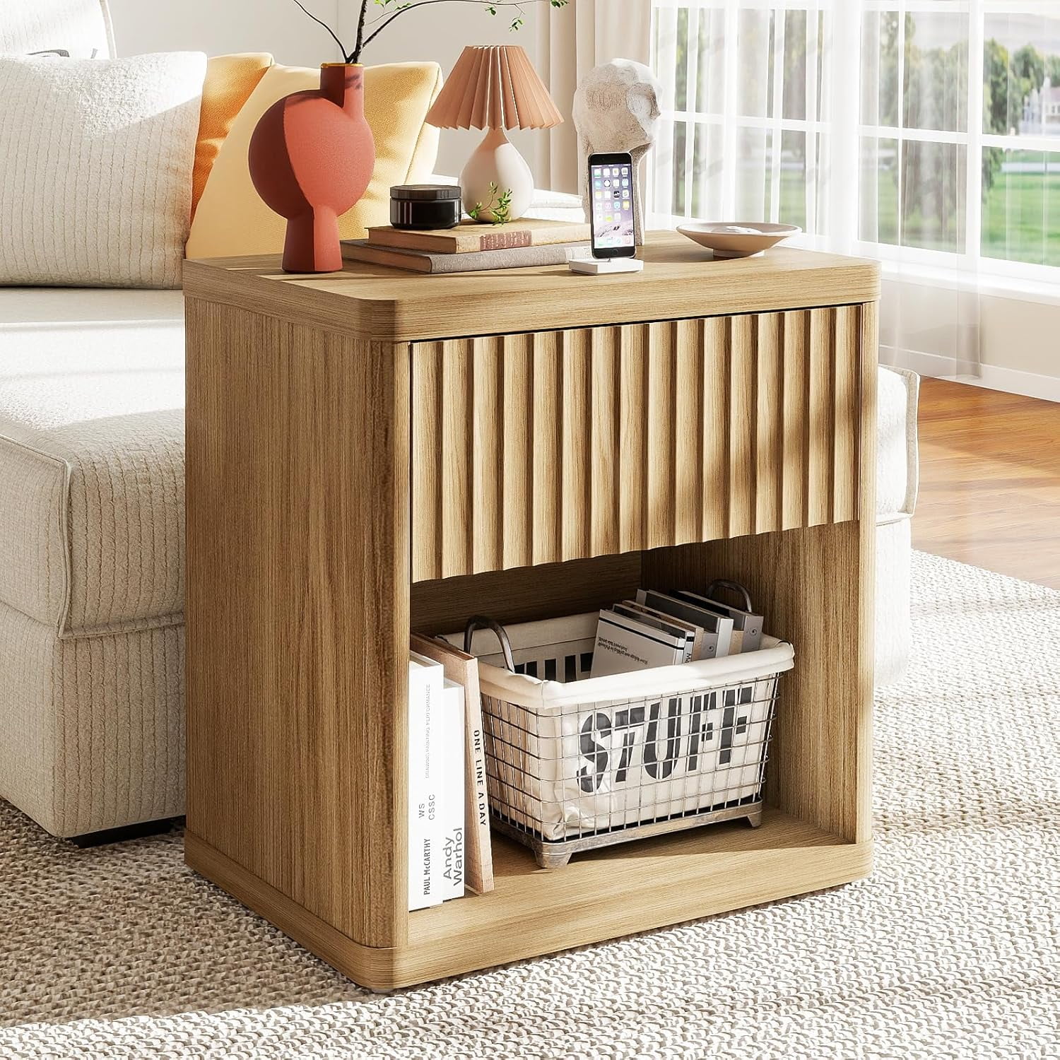 Fluted Nightstand, 22.8" Wide Night Stand with Drawer and Storage, Mid ...