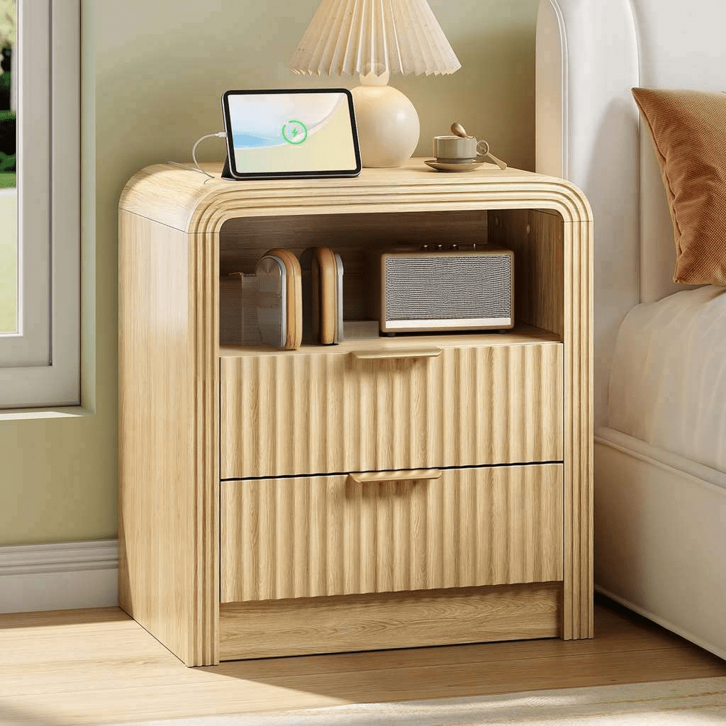 Fluted Nightstand with Charging Station, 19.7 Inch Wide Modern End ...