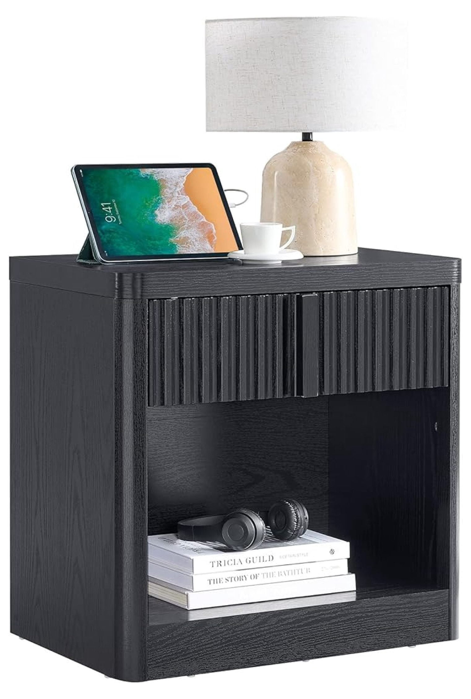 Fluted Nightstand with Charging Station, 23.6" Bedside Table with Open ...