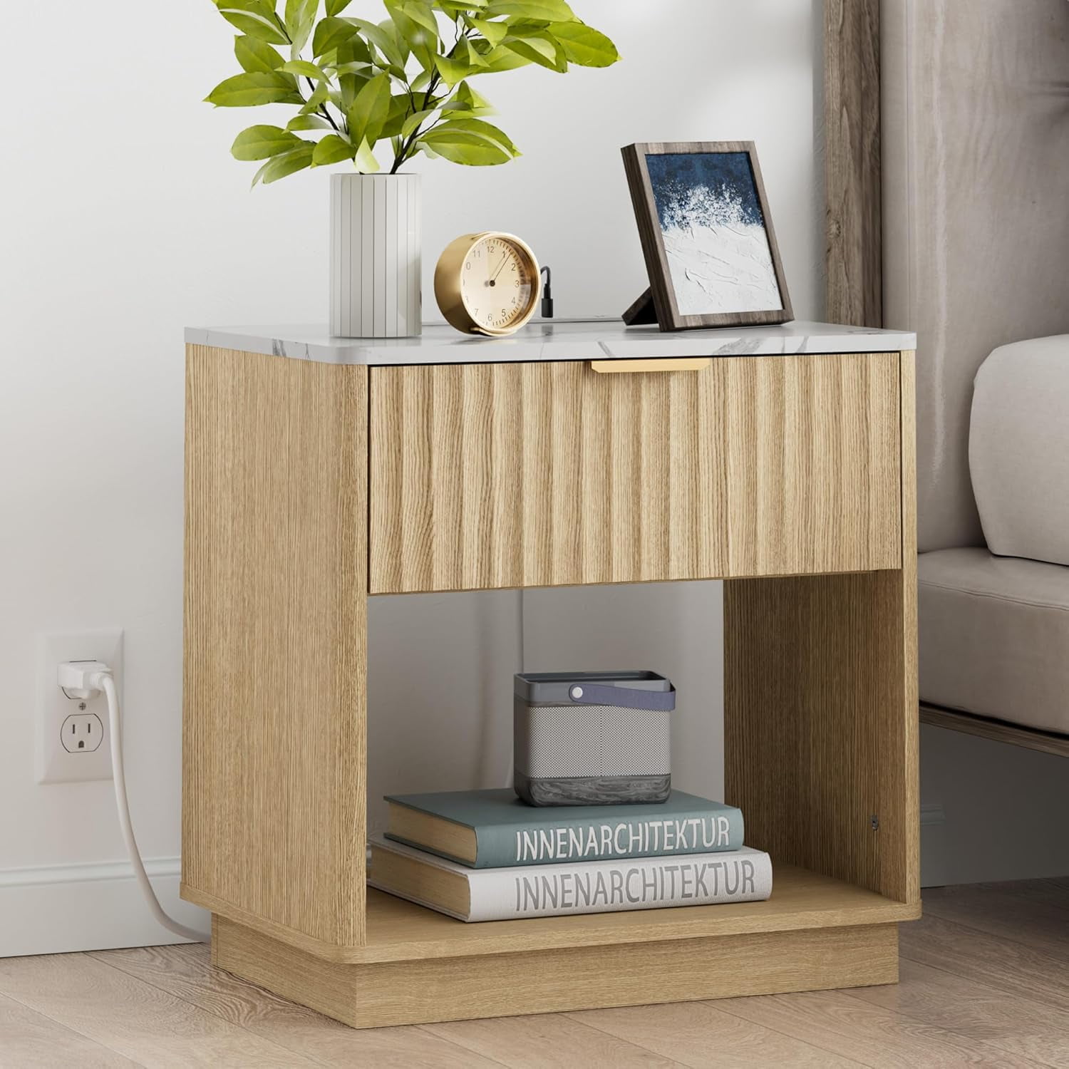 Fluted Nightstand with Charging Station, 23" Side Table with Faux Stone ...